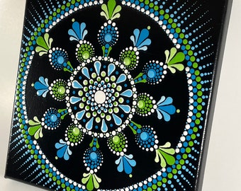 Dot Art Mandala, 8x8 Inch Square Stretched Canvas - Aqua and Turquoise ...