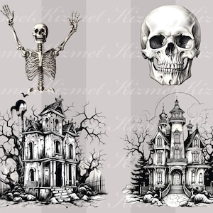 24 Vintage Black and White Halloween Clipart, PNG Instant Download ...