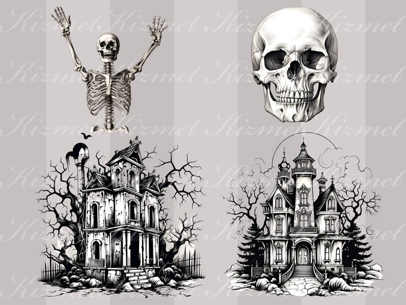 24 Vintage Black and White Halloween Clipart, PNG Instant Download ...