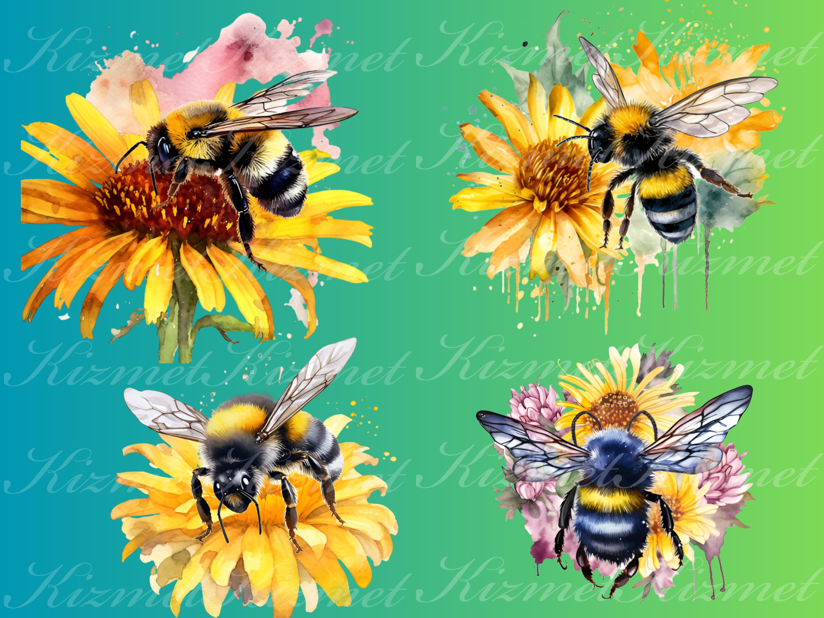 Set of 24 Watercolor Bumblebee Clipart PNG Files, Digital Downloads for ...