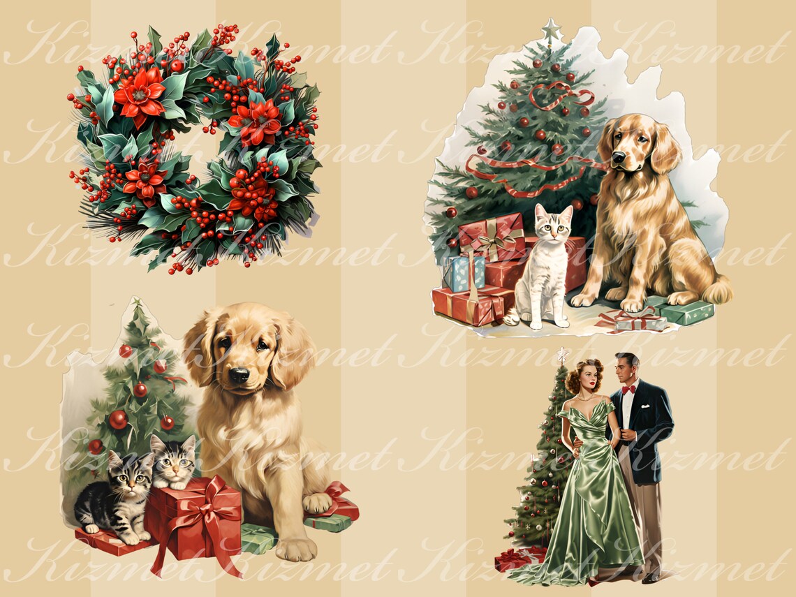 Vintage Christmas Themed Clipart, 300 Dpi, Beautiful Printable 24 PNG ...