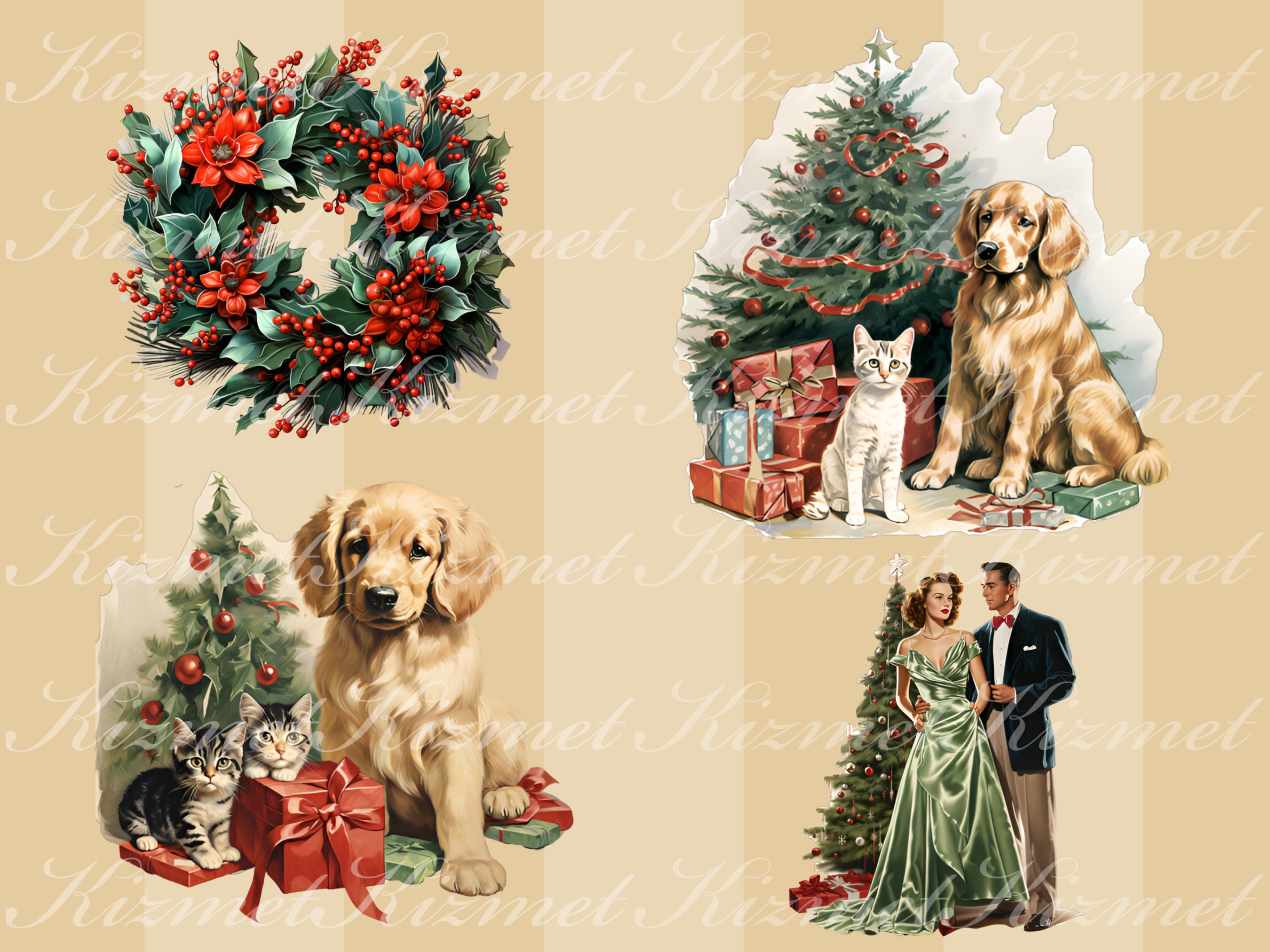 Vintage Christmas Themed Clipart, 300 Dpi, Beautiful Printable 24 PNG ...