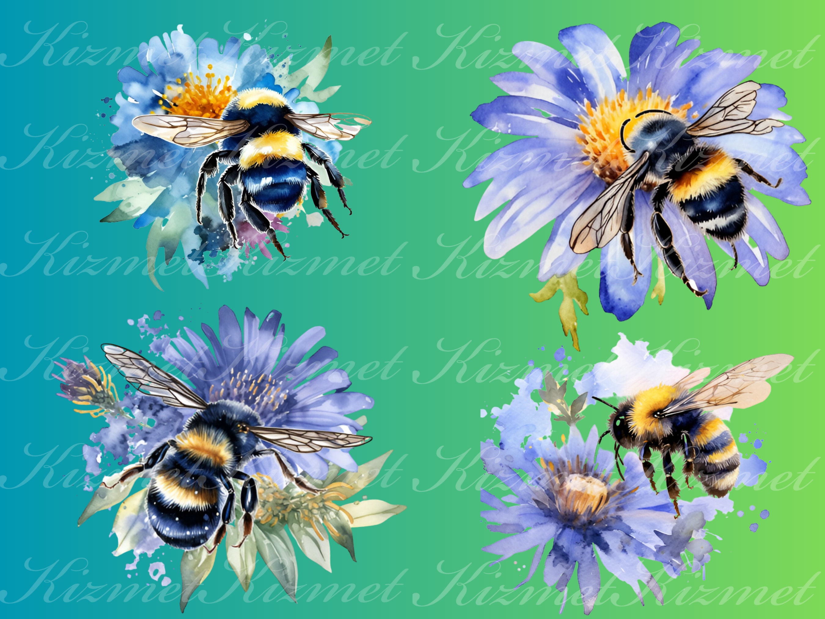 Set of 24 Watercolor Bumblebee Clipart PNG Files, Digital Downloads for ...