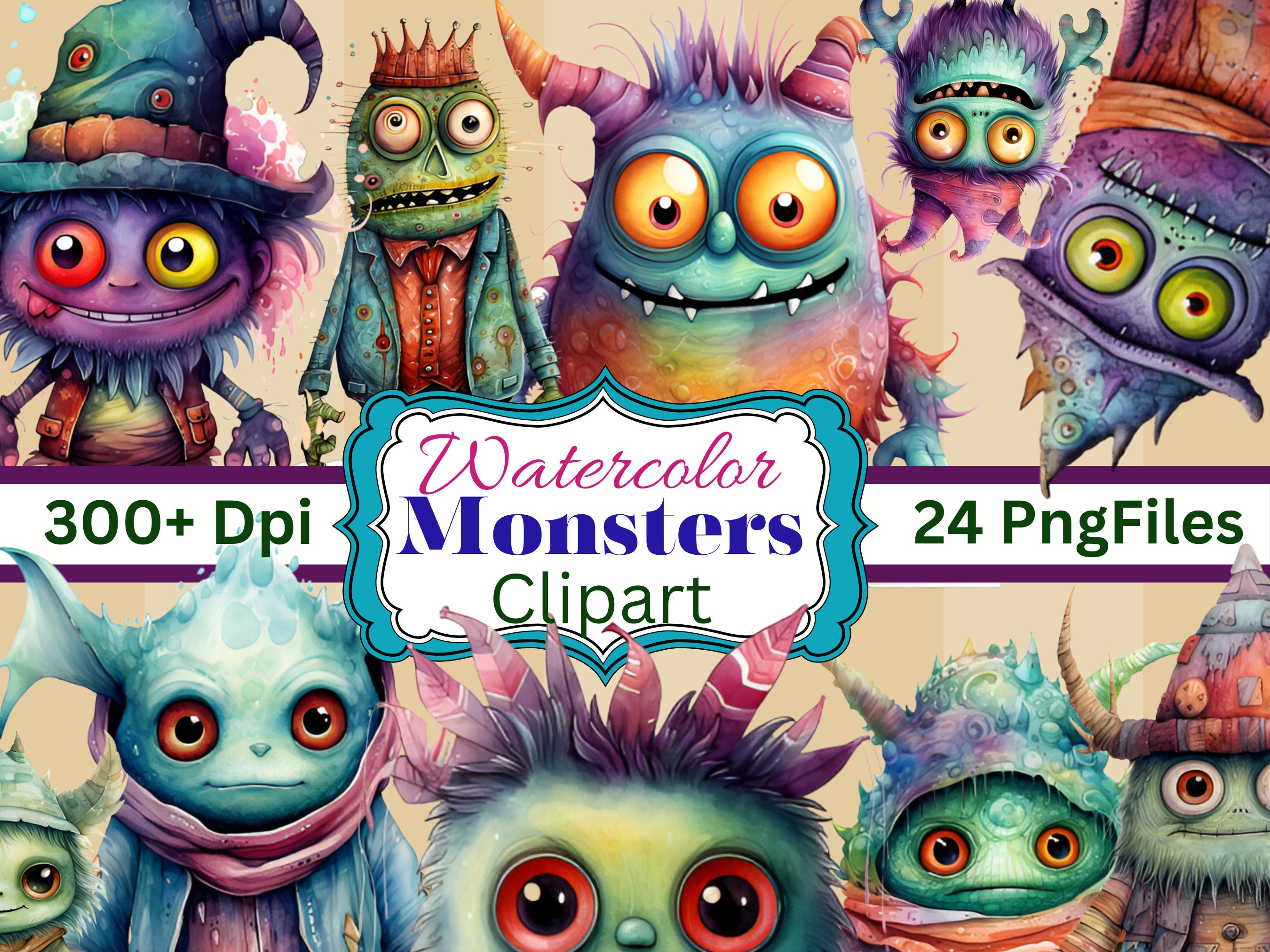 Set of 24 Watercolor Monsters Clipart PNG Files, Digital Downloads for ...
