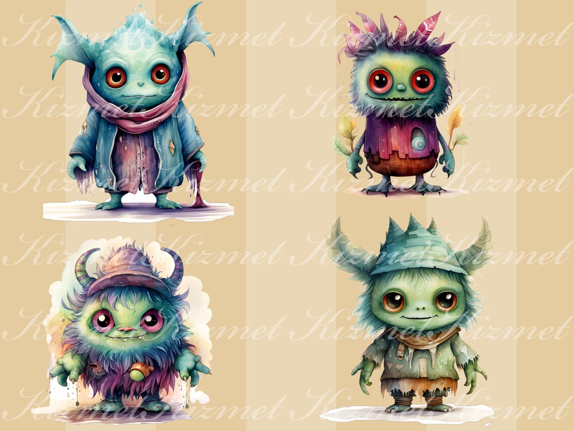Set of 24 Watercolor Monsters Clipart PNG Files, Digital Downloads for ...
