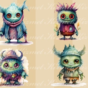 Set of 24 Watercolor Monsters Clipart PNG Files, Digital Downloads for ...