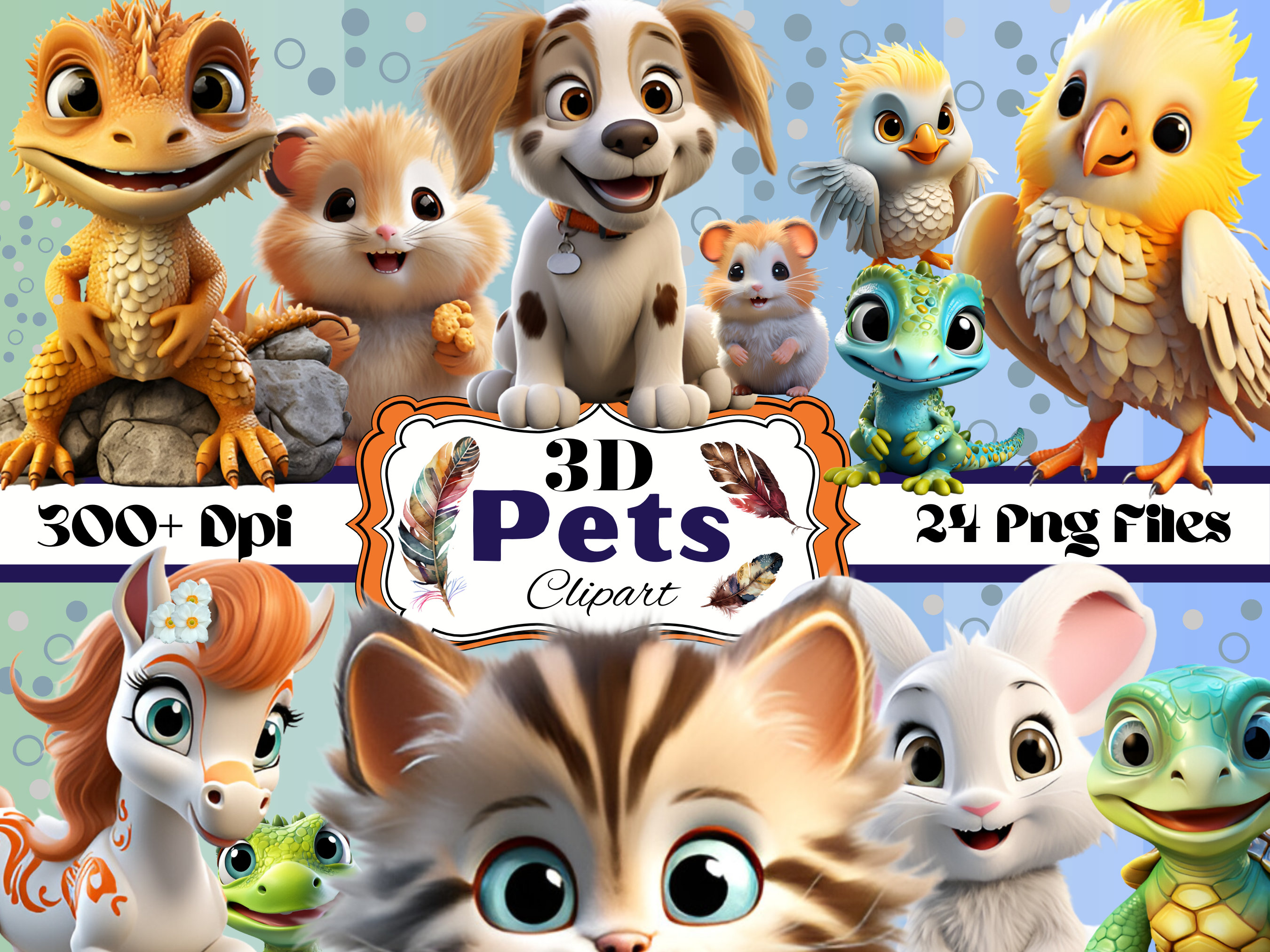 Set of 24 Pets 3D Clipart PNG Files, Fun Digital Downloads, 3D Cute Animals, Digital Wall Art ...
