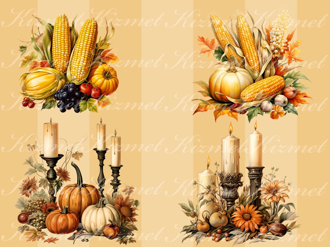 24 Vintage Thanksgiving Clipart, PNG Instant Download, Commercial Use ...