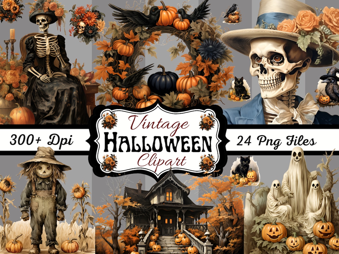 24 Vintage Halloween Clipart, PNG Instant Download, Commercial Use, Fun ...