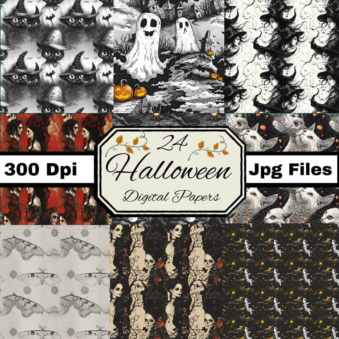 24 Black and White Halloween Seamless Patterns, Spooky, 12x12 Digital ...