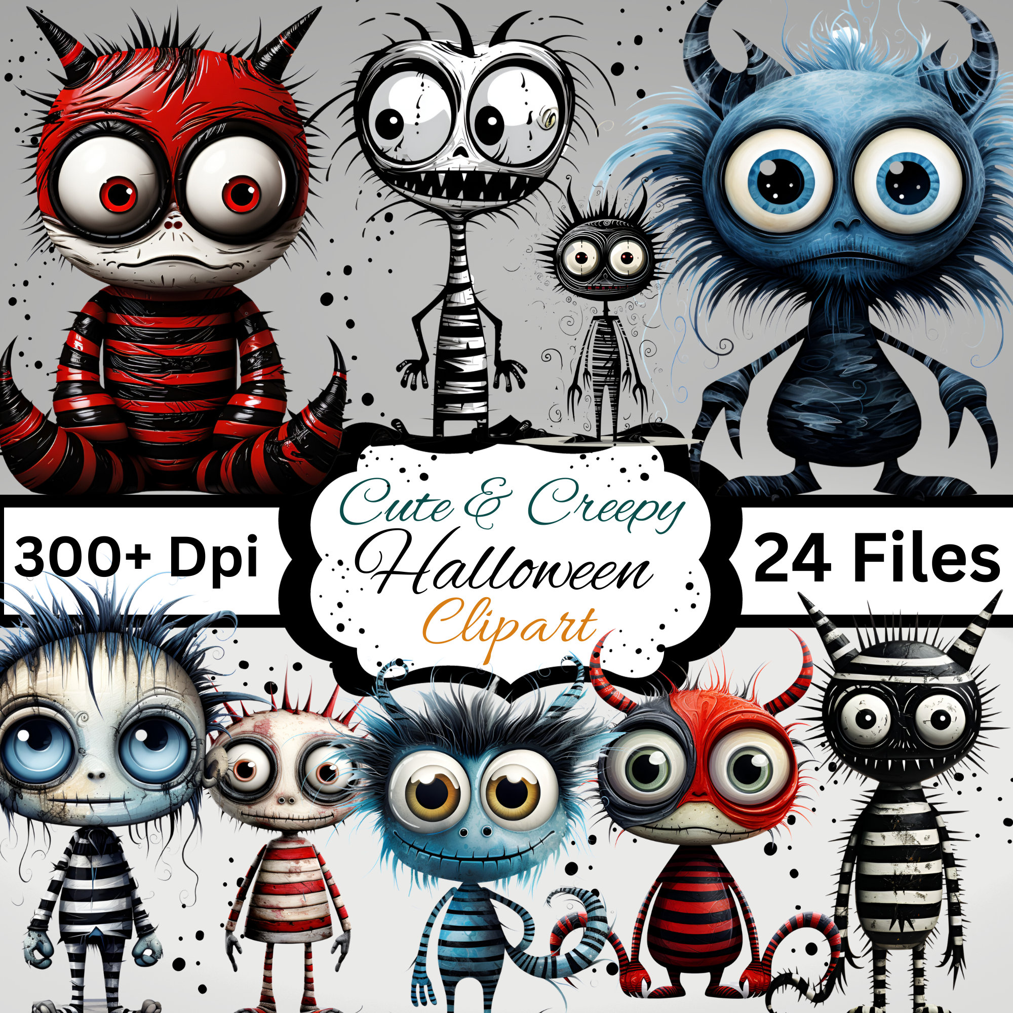 24 Cute & Creepy Halloween Monsters Clipart, PNG Instant Download ...