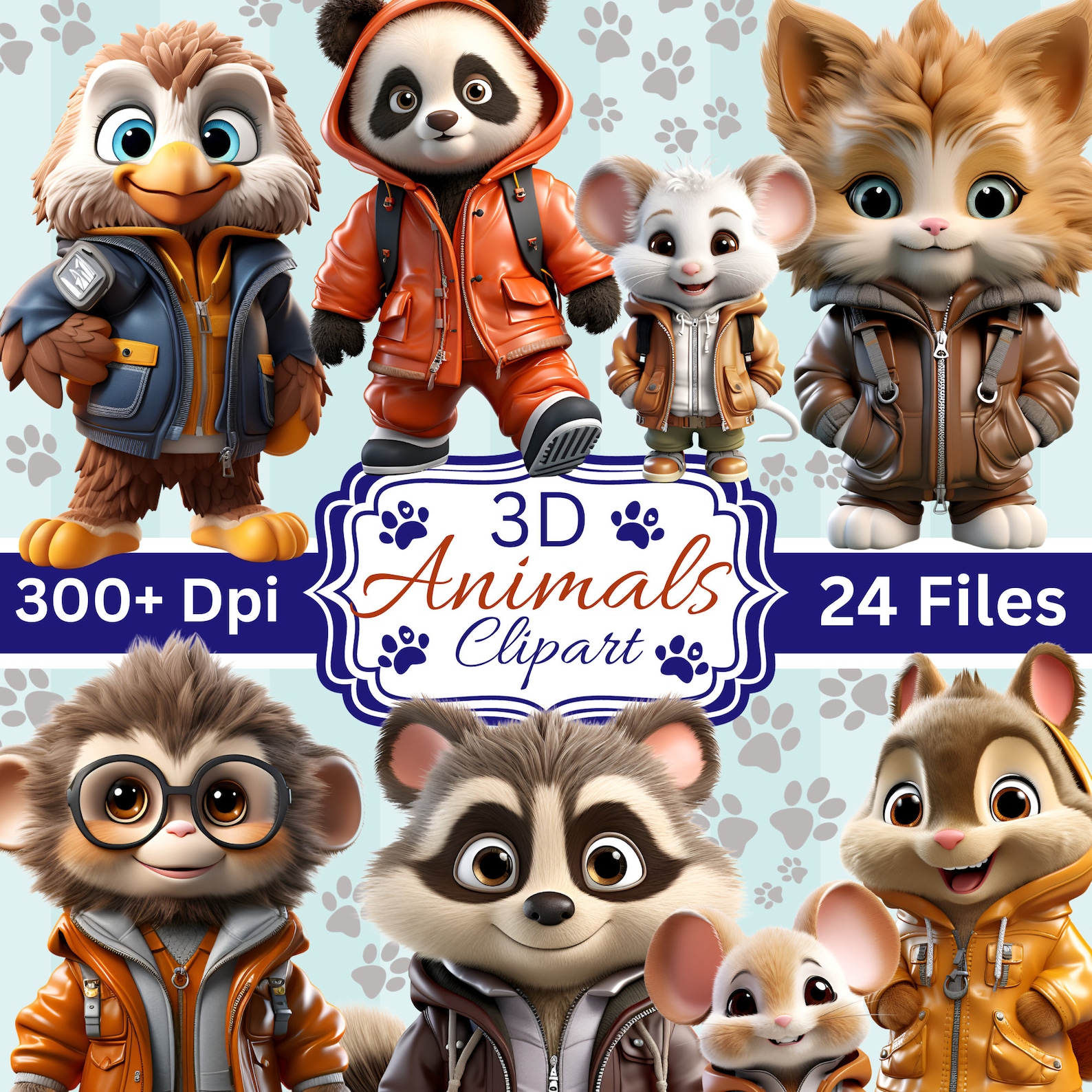 Set of 24 Cute 3D Animals 3D Clipart PNG Files, Fun Digital Downloads ...