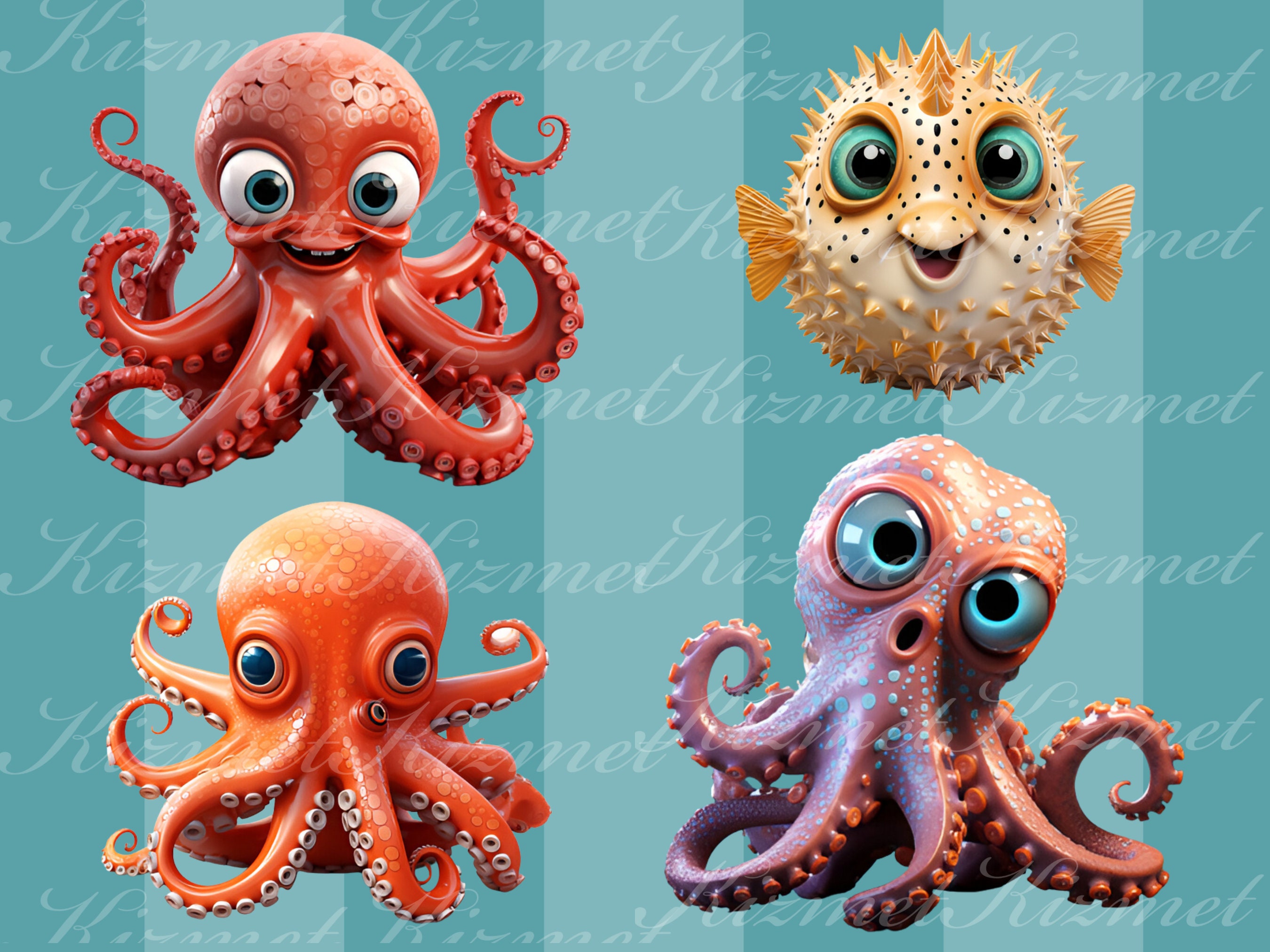 Set of 24 3D Sea Creatures 3D Clipart, PNG Files, Fun Digital Downloads ...