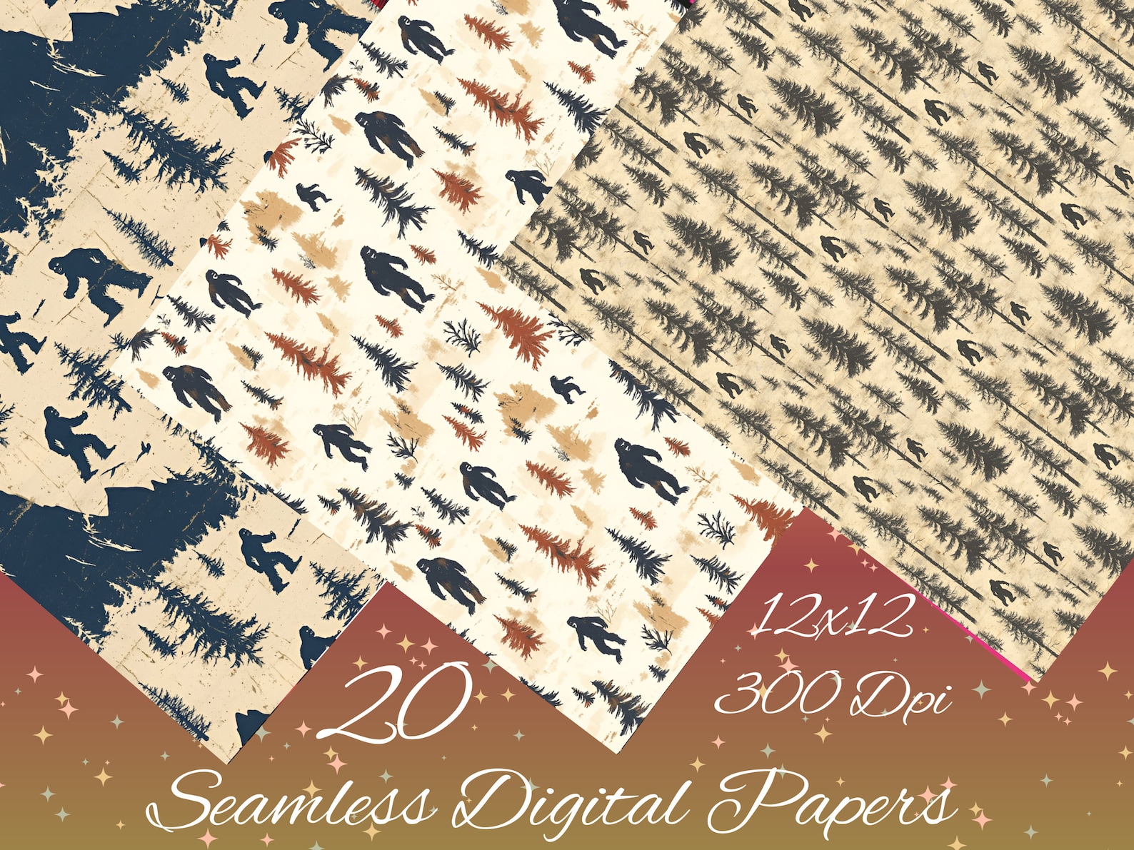 20 Bigfoot Seamless Patterns, 12x12 Printable Digital Paper, Background ...