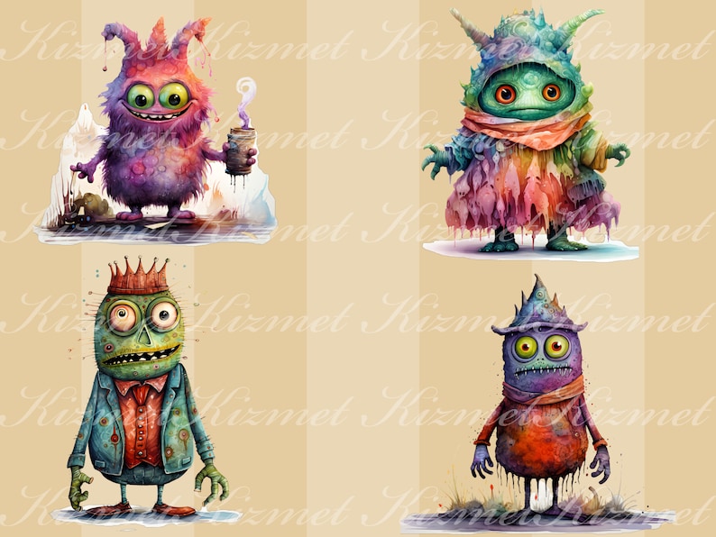 Set of 24 Watercolor Monsters Clipart PNG Files, Digital Downloads for ...