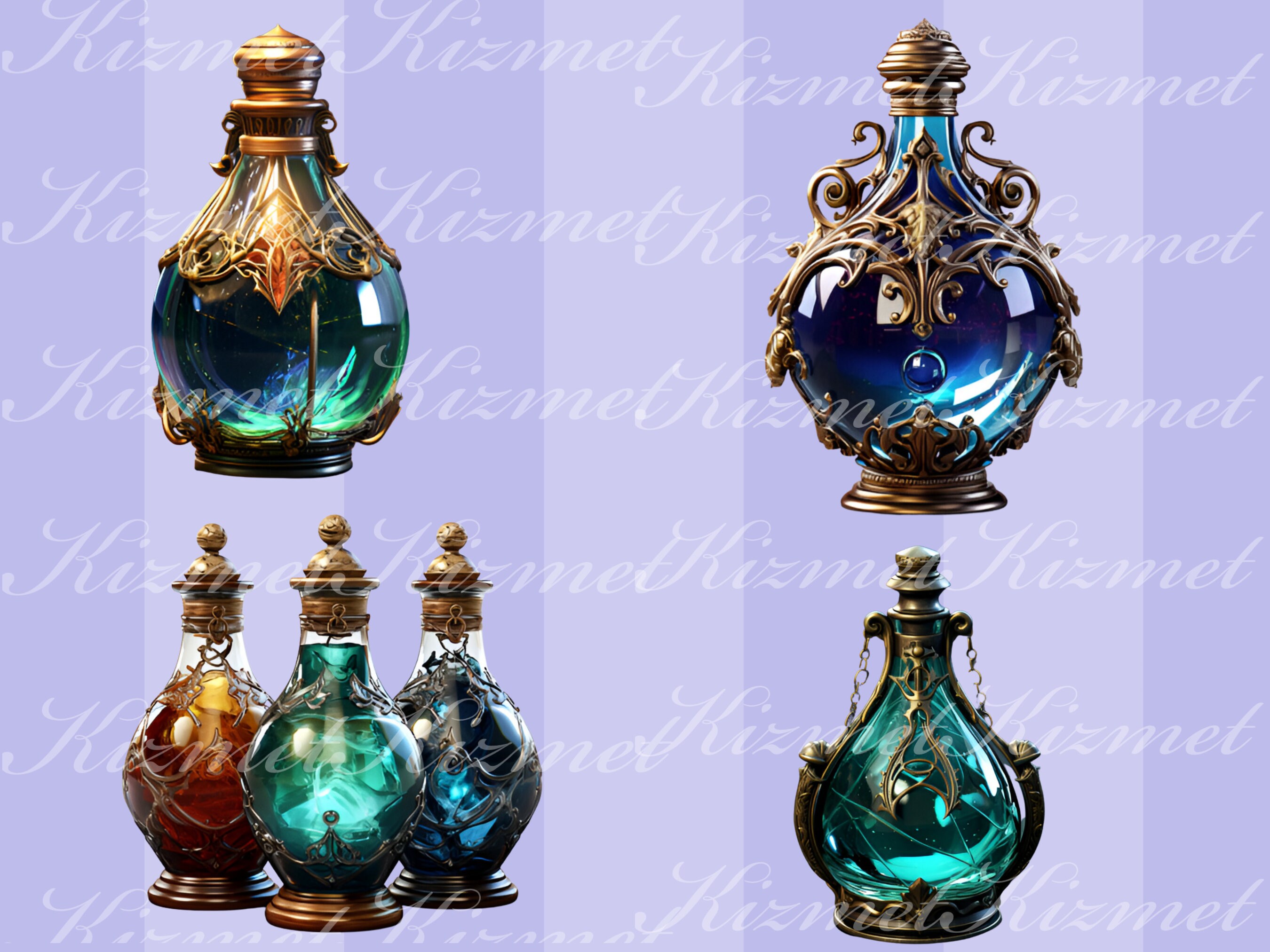 Set of 24 3D Potion Bottles 3D Clipart, PNG Files, Fun Digital ...