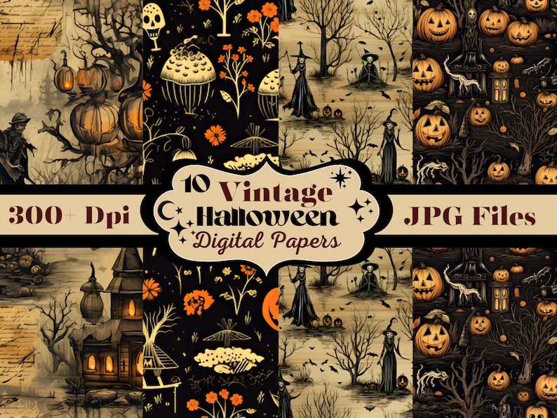 10 Vintage Halloween Seamless Patterns, 12x12 Digital Papers ...