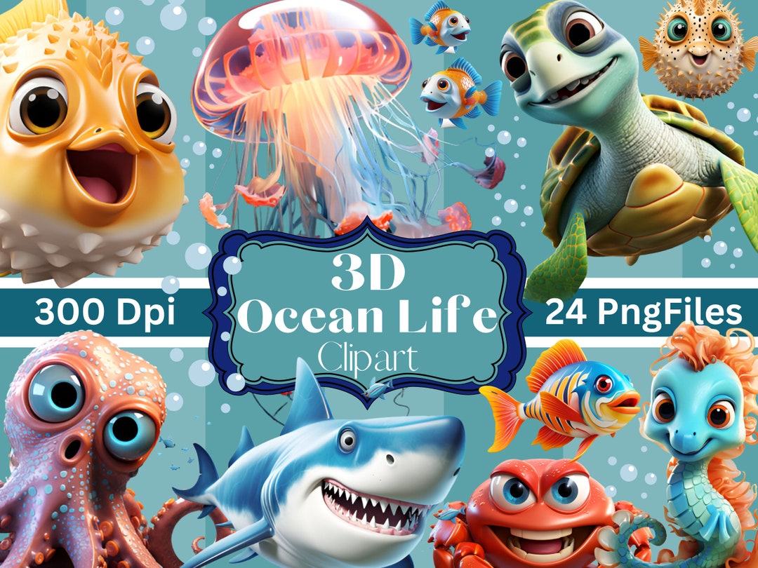Set of 24- 3D Sea Creatures- 3D Clipart, PNG Files, Fun Digital ...
