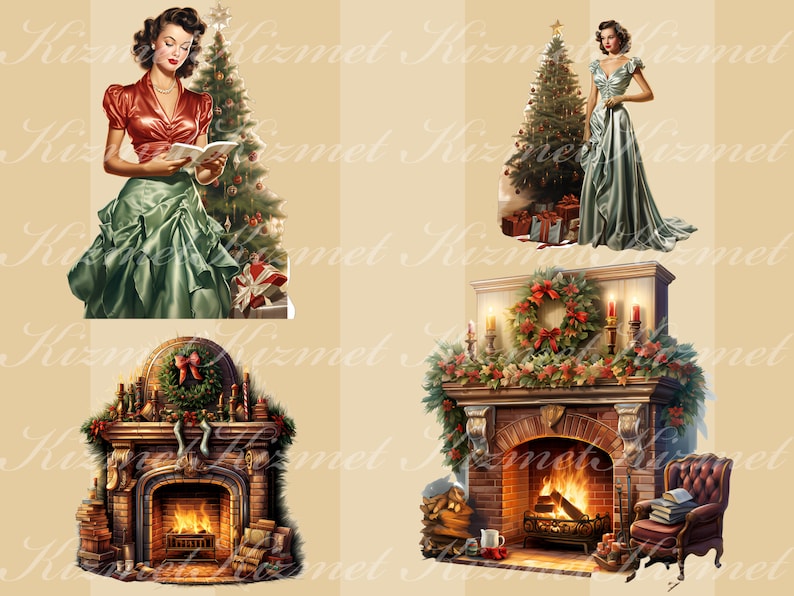 Vintage Christmas Themed Clipart, 300 Dpi, Beautiful Printable 24 PNG ...
