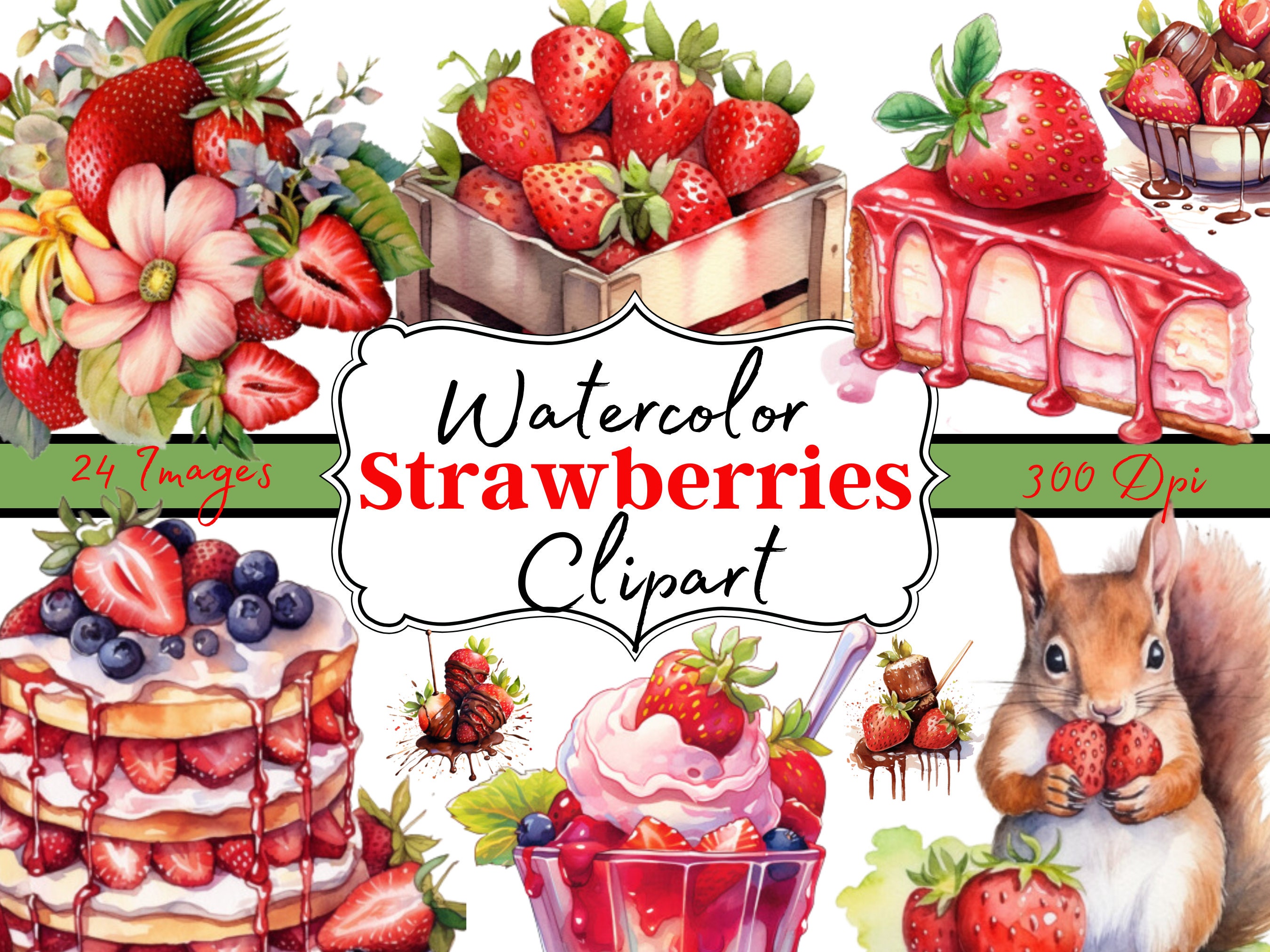 Watercolor Strawberry Png Clipart Bundle. 24 Digital Watercolor ...