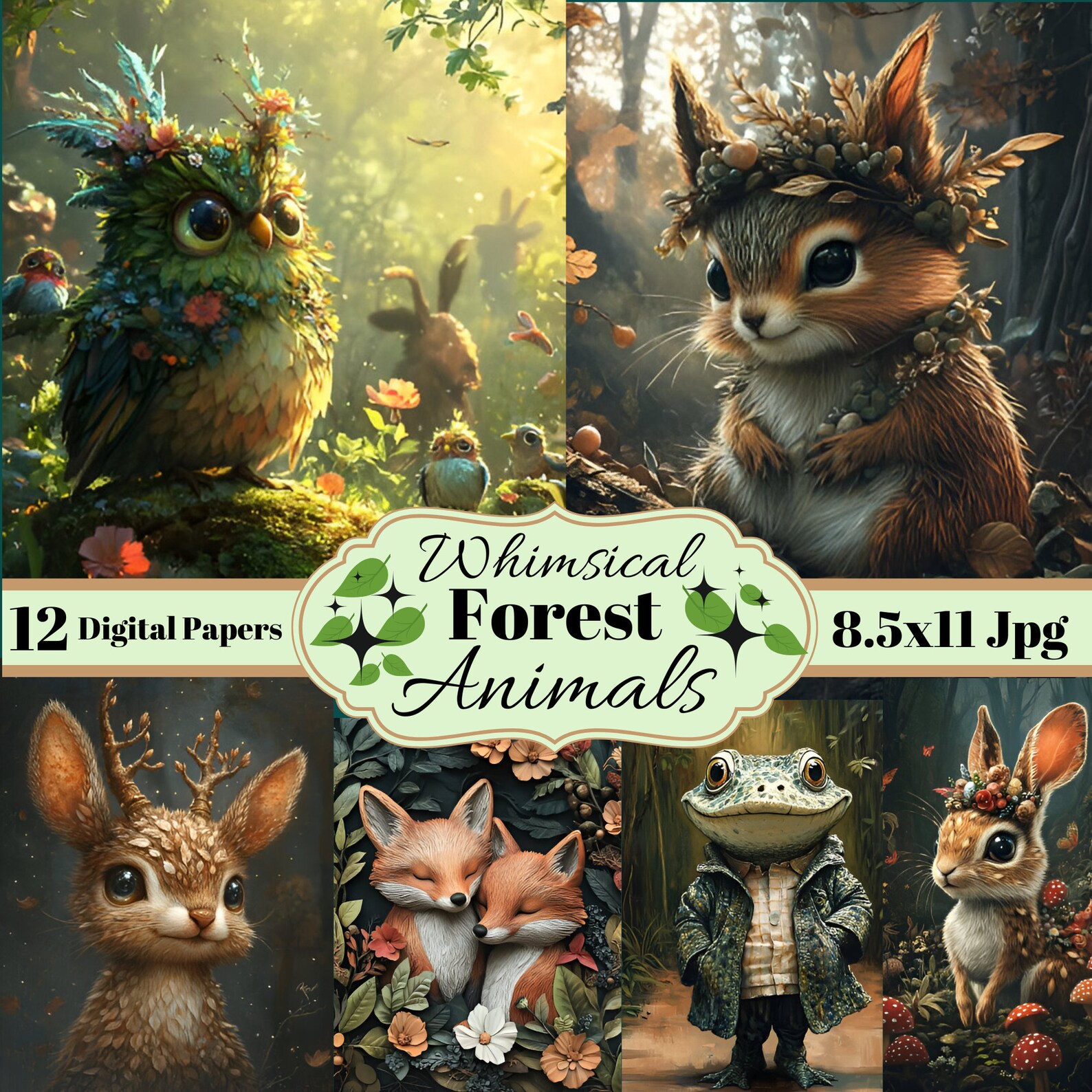 12 Whimsical Forest Animals Digital Paper Junk Journal Collage Sheets ...
