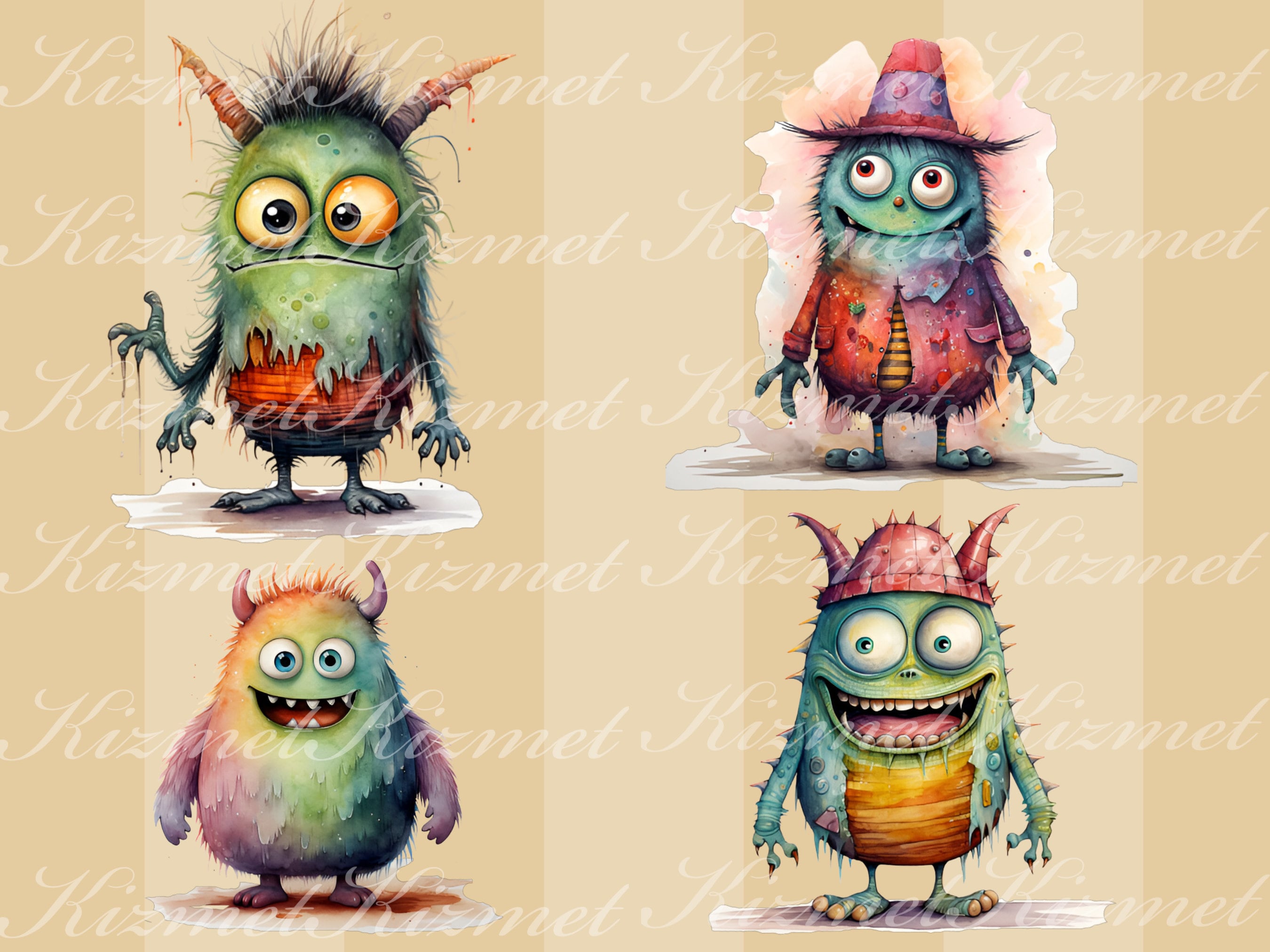 Set of 24 Watercolor Monsters Clipart PNG Files, Digital Downloads for ...