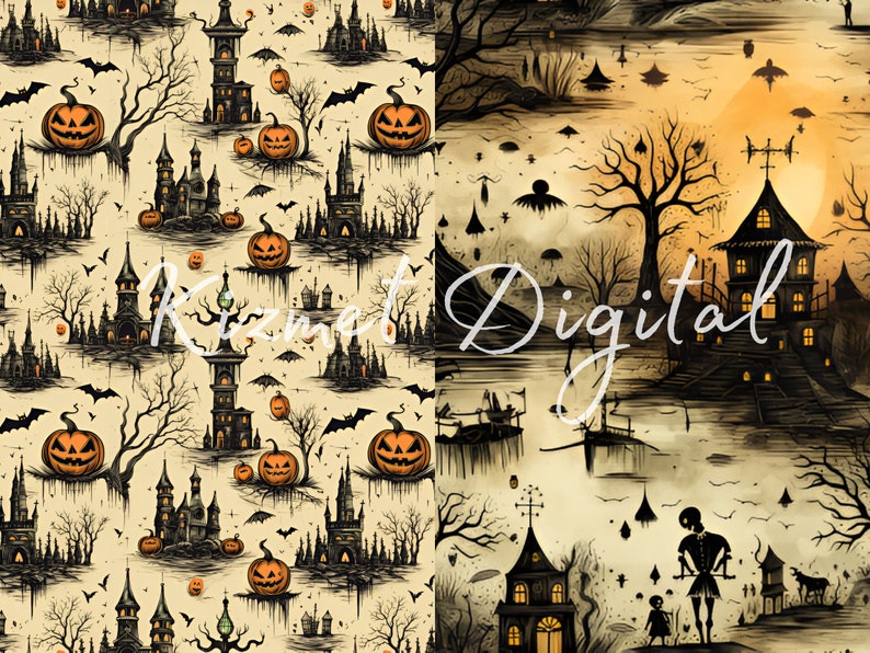 10 Vintage Halloween Seamless Patterns, 12x12 Digital Papers, Sublimation, Fabric, Scrapbook ...