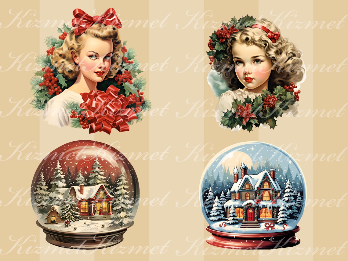 Vintage Christmas Themed Clipart, 300 Dpi, Beautiful Printable 24 PNG ...
