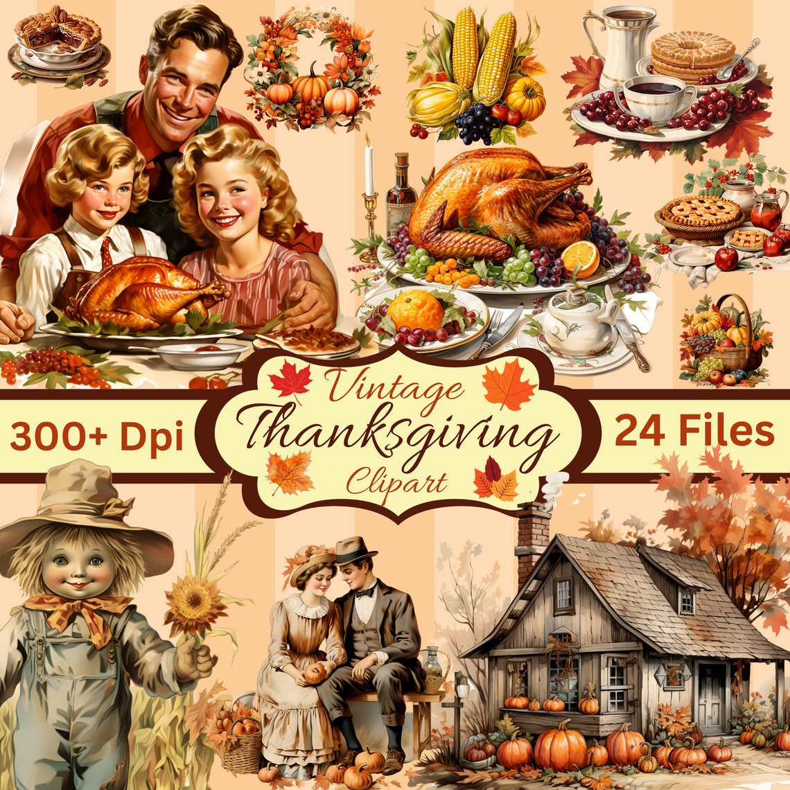 24 Vintage Thanksgiving Clipart, PNG Instant Download, Commercial Use ...