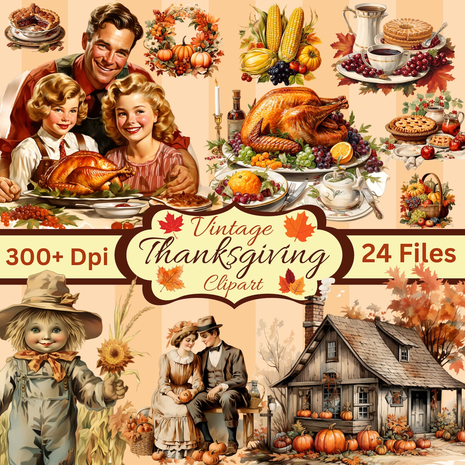 24 Vintage Thanksgiving Clipart, PNG Instant Download, Commercial Use ...