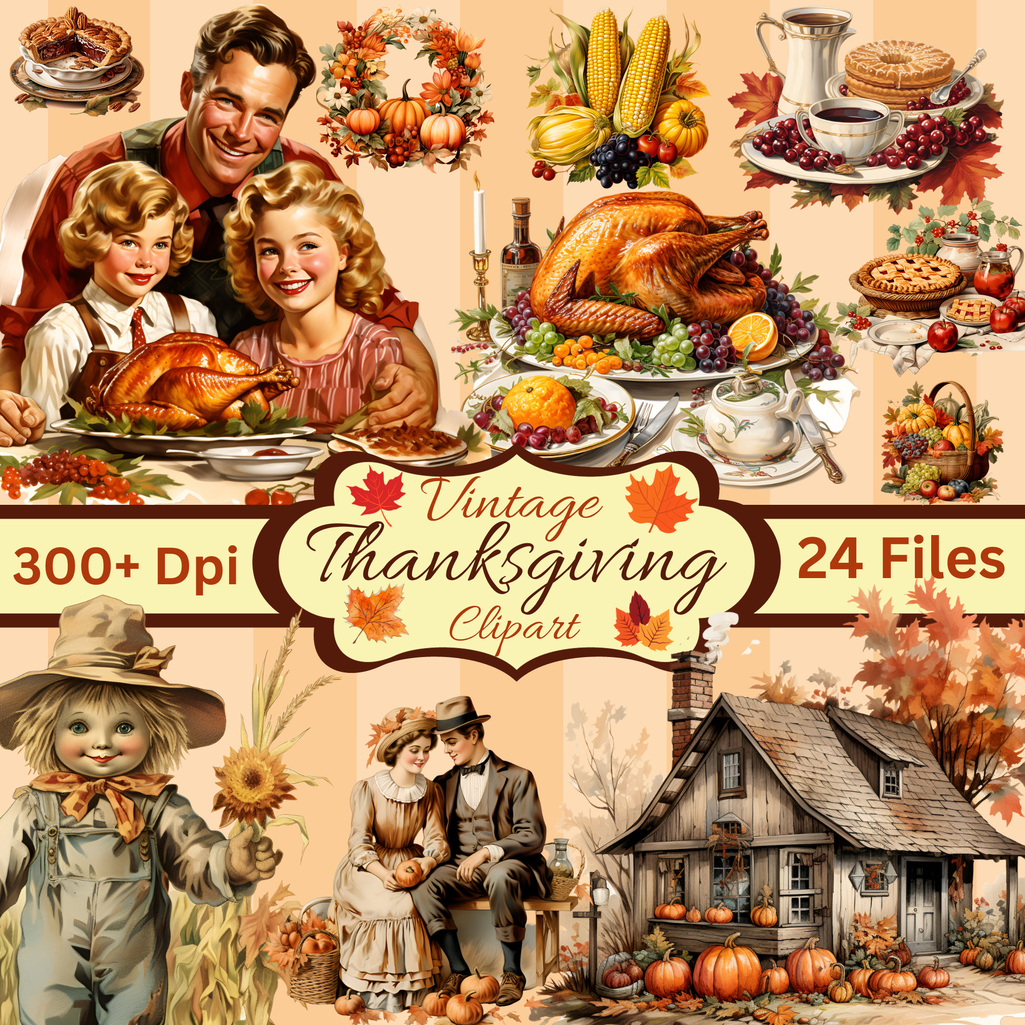 24 Vintage Thanksgiving Clipart, PNG Instant Download, Commercial Use ...