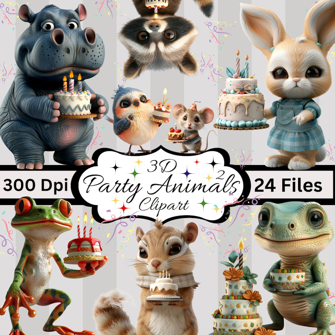 24- Cute 3D Party Animals- 3D Clipart PNG Files, Fun Digital Downloads ...