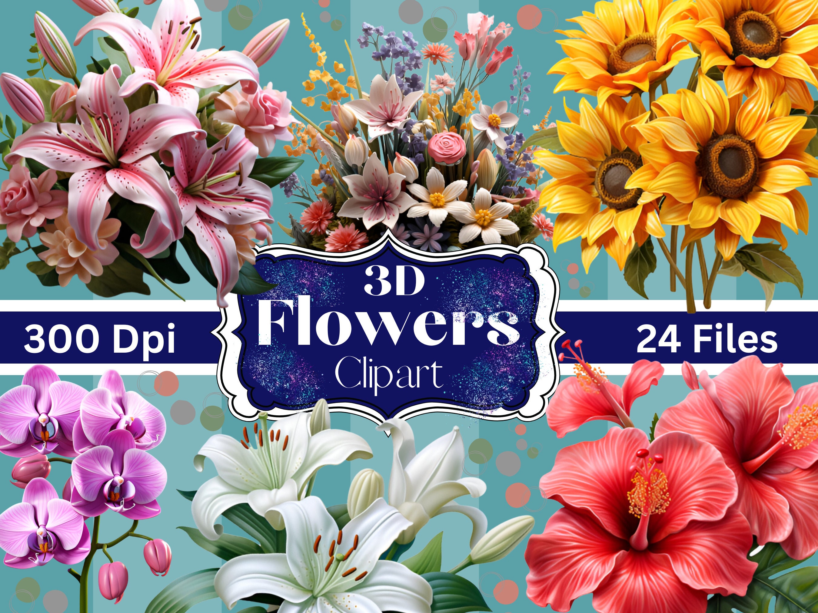 Set of 24- 3D Flowers- Clipart PNG Files, Digital Downloads for Fun 3D ...