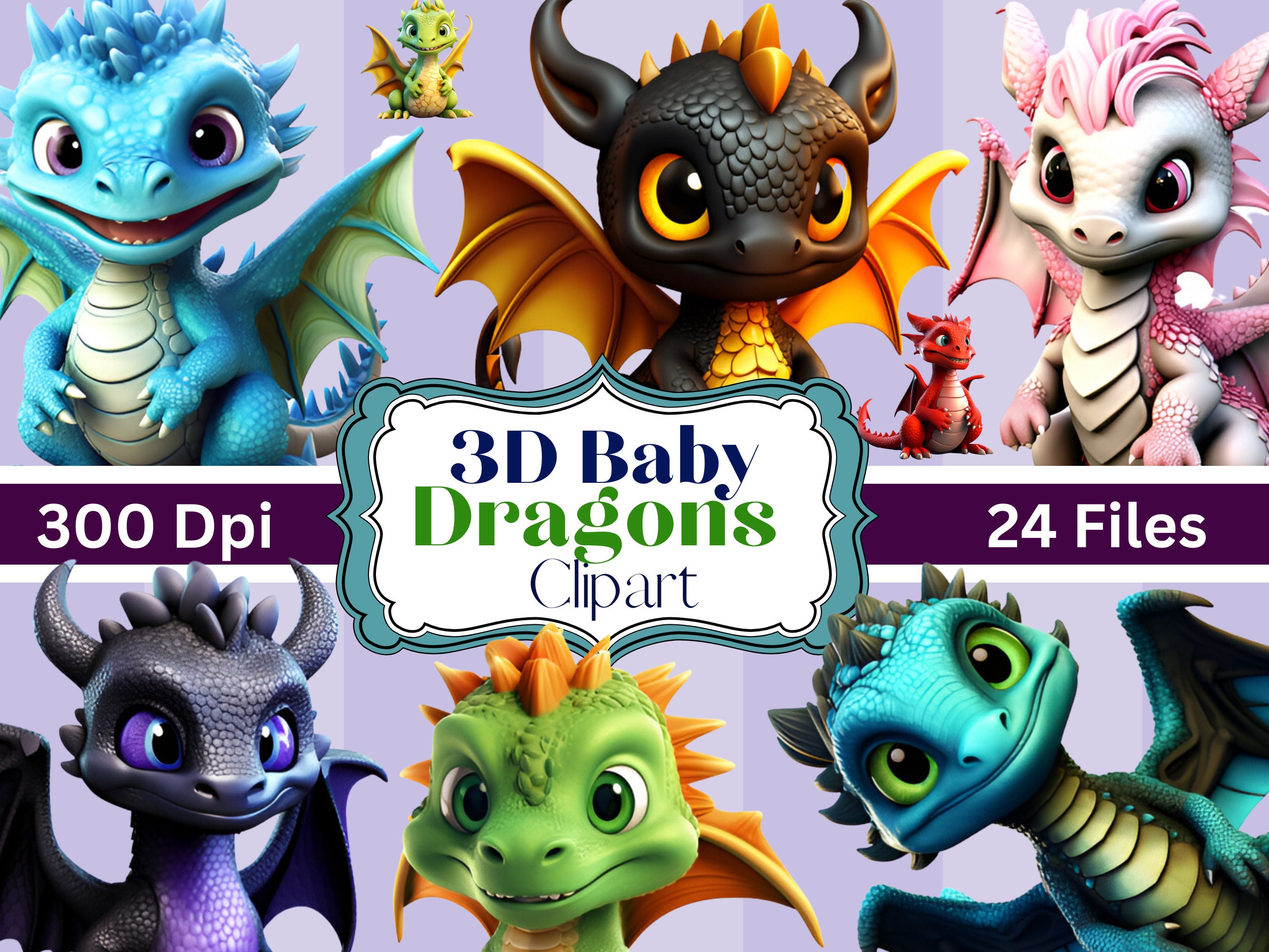 Set of 24- Cute 3D Dragons- 3D Clipart, PNG Files, Fun Digital ...