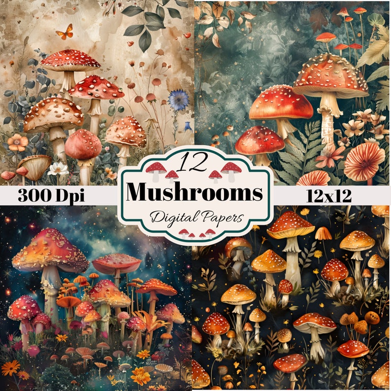 12 Mushroom Themed Digital Papers, Wonderland Enchanted Fantasy ...