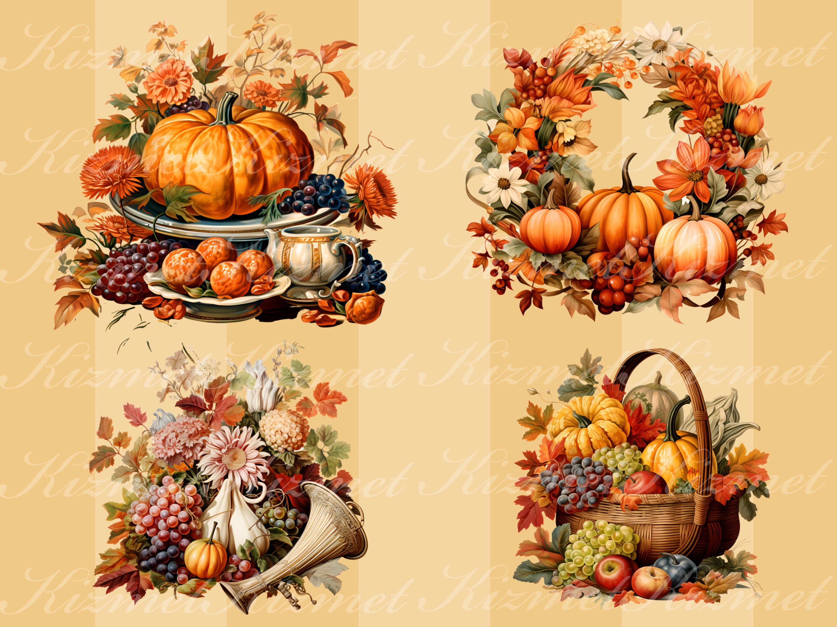 24 Vintage Thanksgiving Clipart, PNG Instant Download, Commercial Use ...