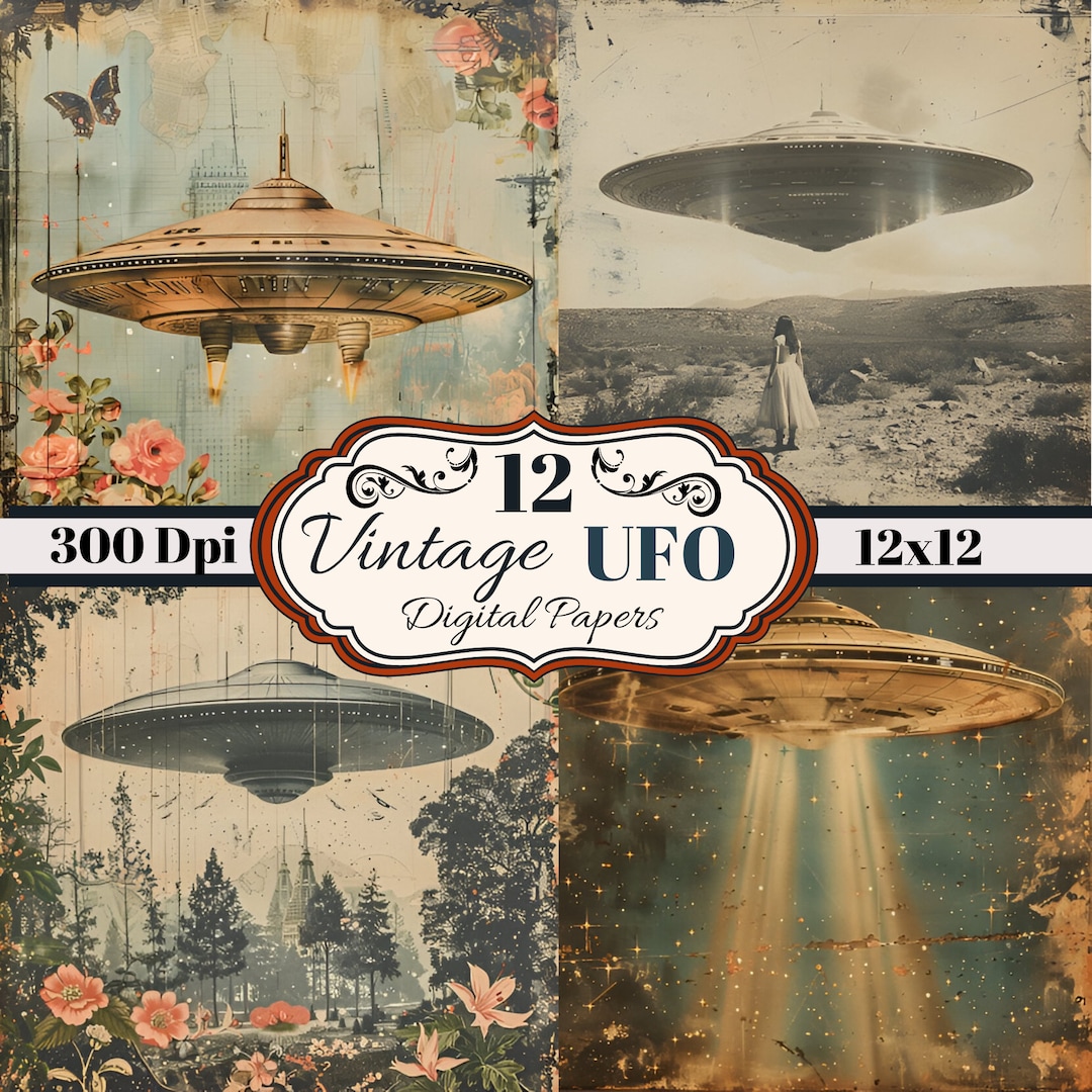 12 Vintage UFO Digital Papers, Spooky Alien UAP Background, 12x12 ...