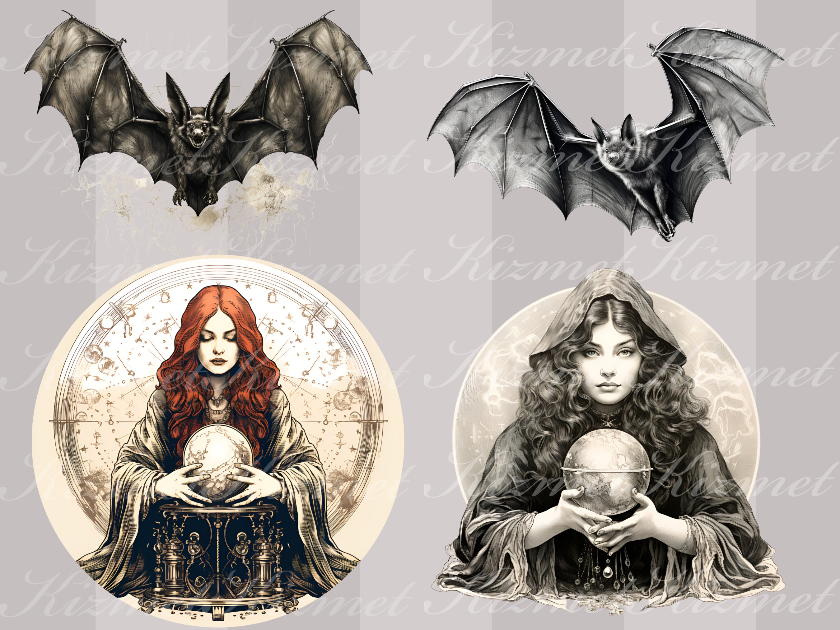 24 Vintage Black and White Halloween Clipart, PNG Instant Download ...