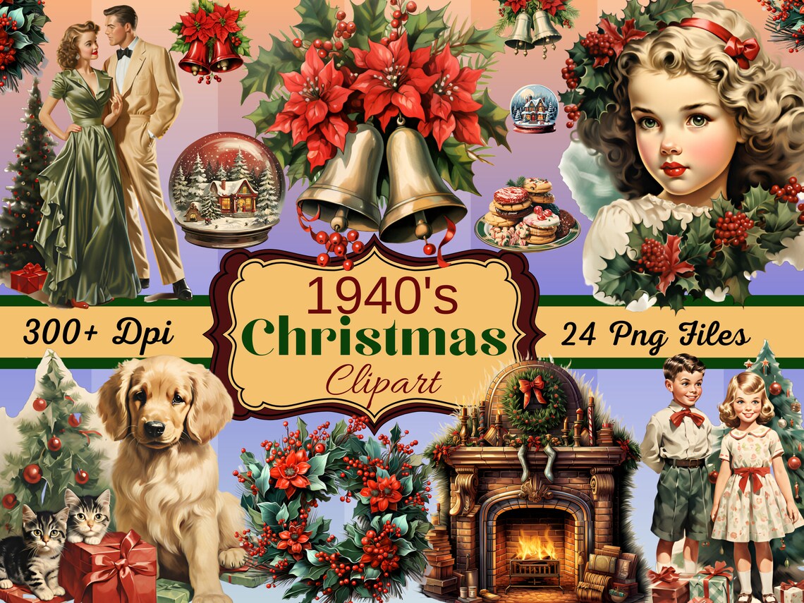 Vintage Christmas Themed Clipart, 300 Dpi, Beautiful Printable 24 PNG ...
