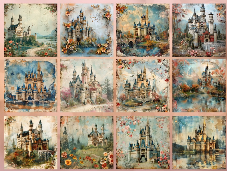 12 Fairytale Castle Digital Papers, Soft Pastel Background, 12x12 ...