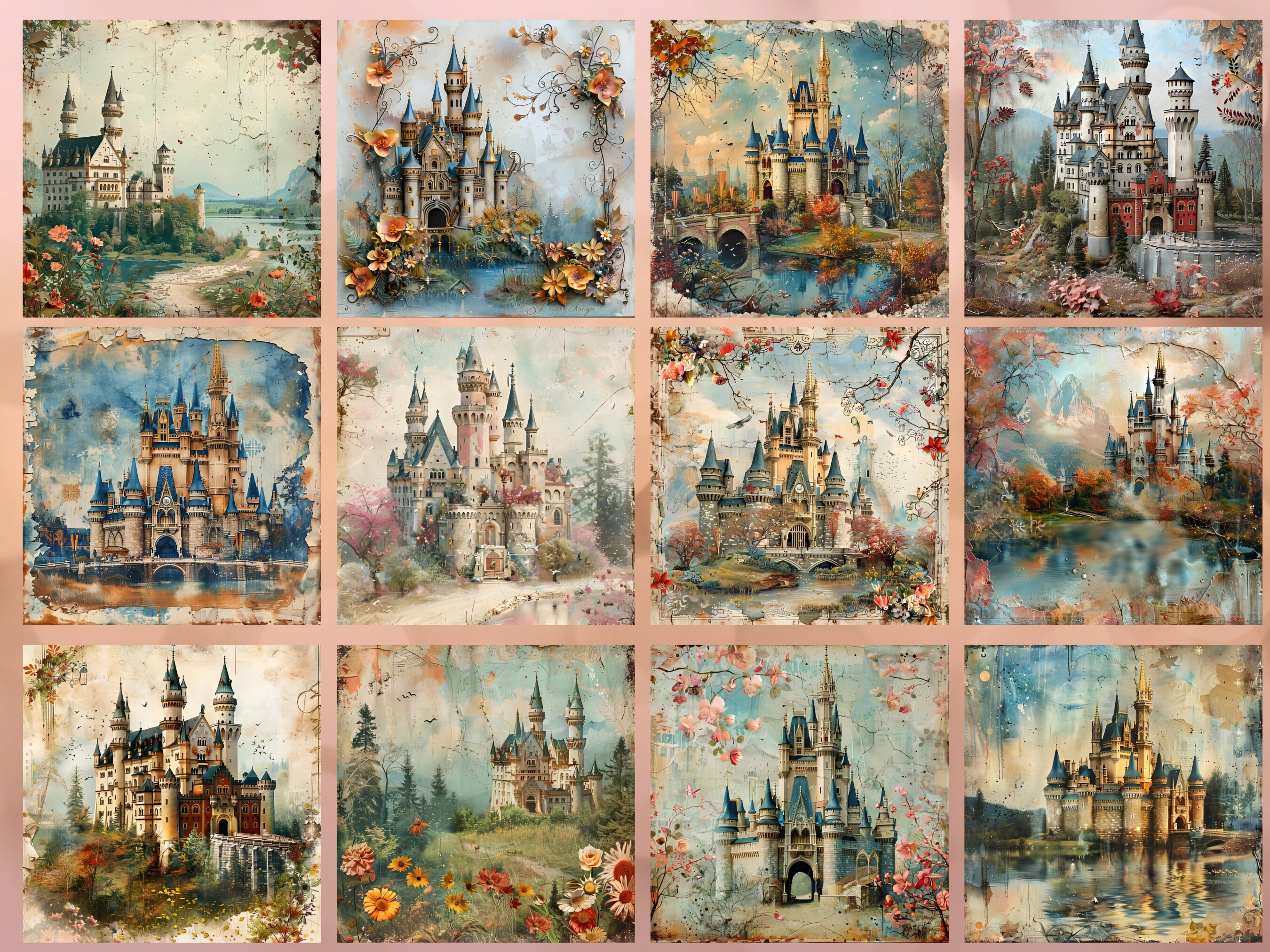 12 Fairytale Castle Digital Papers, Soft Pastel Background, 12x12 ...