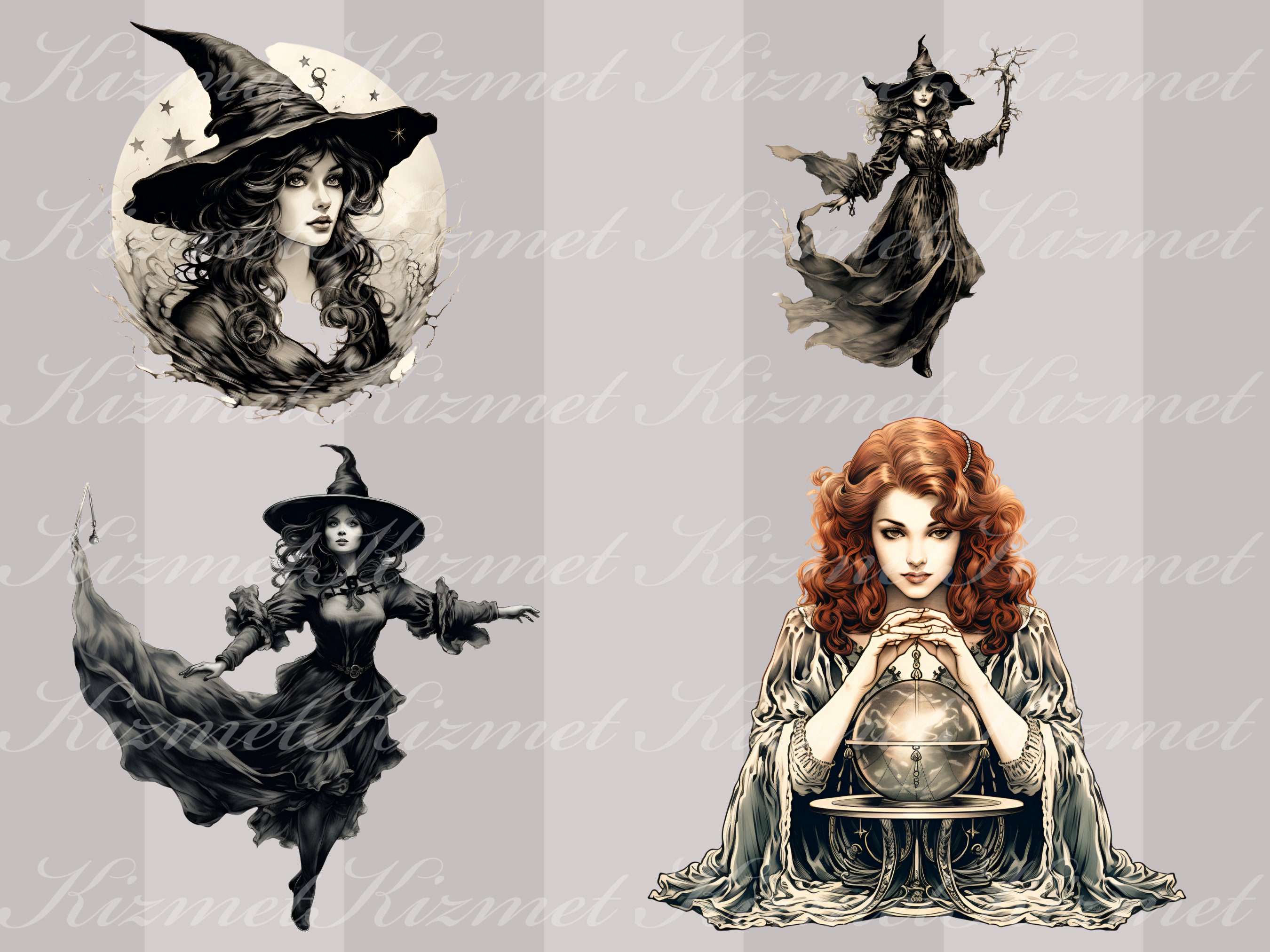 24 Vintage Black and White Halloween Clipart, PNG Instant Download ...