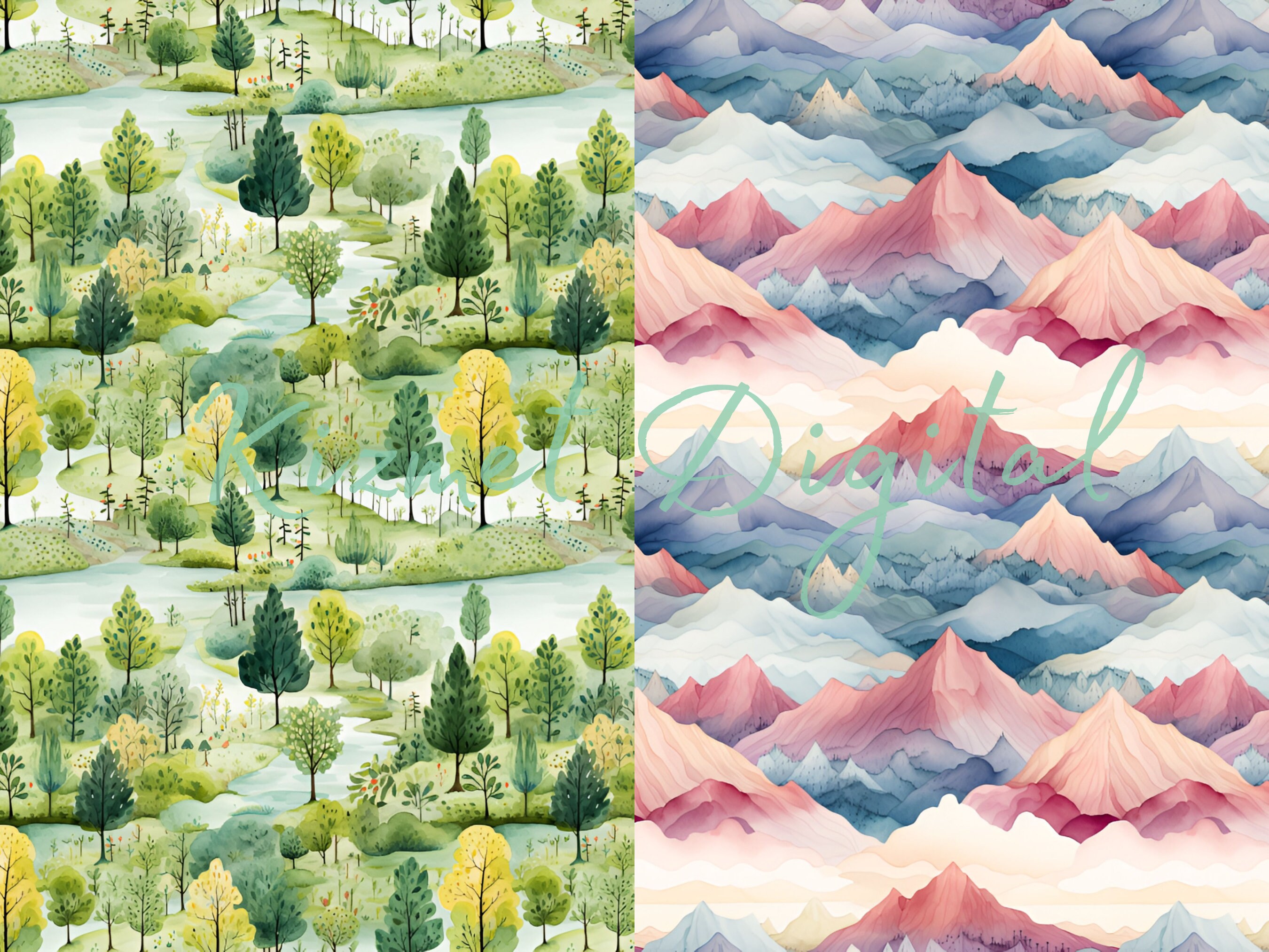 Watercolor Mountains Lakes & Forest Seamless Patterns, Digital Paper ...