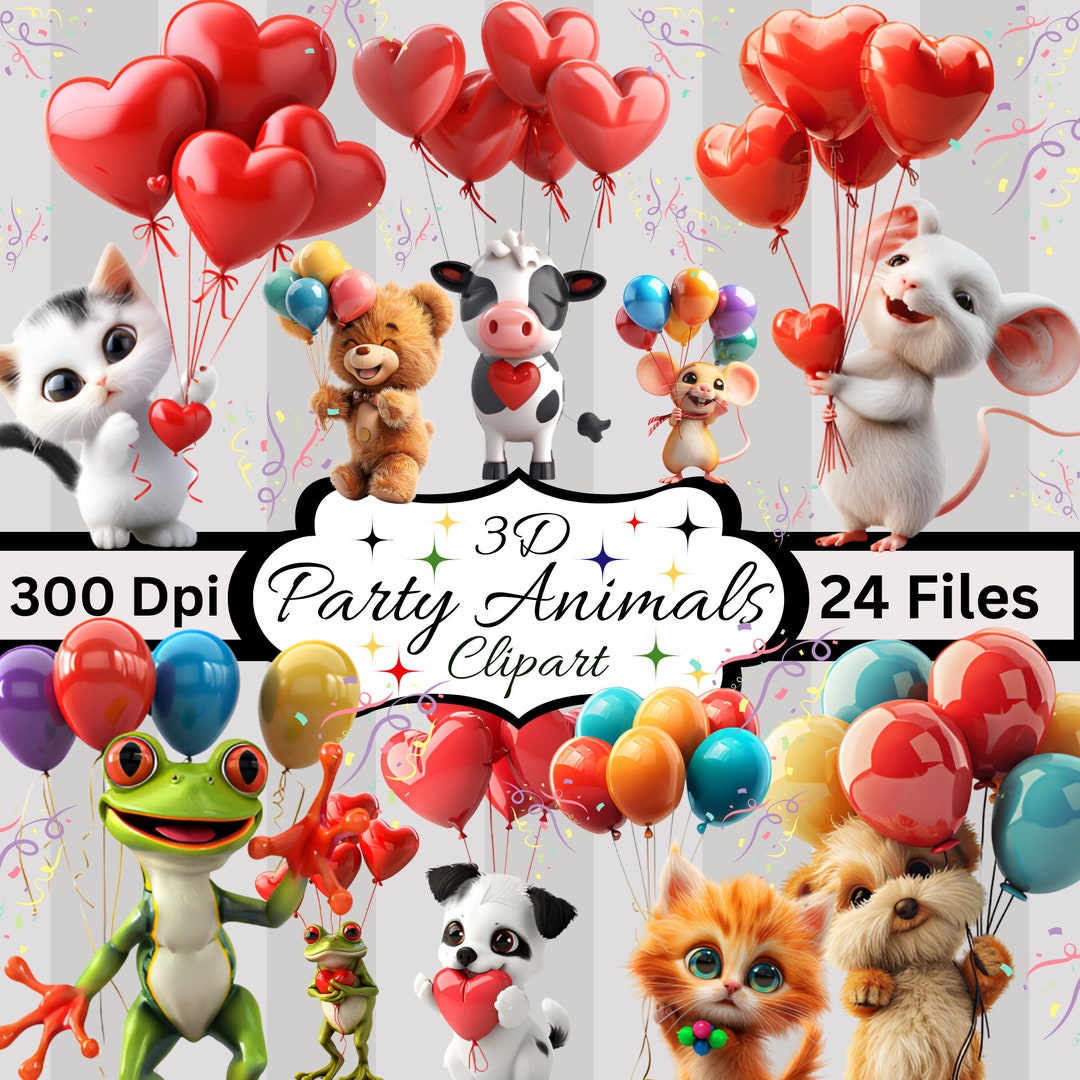24- Cute 3D Party Animals- 3D Clipart PNG Files, Fun Digital Downloads ...