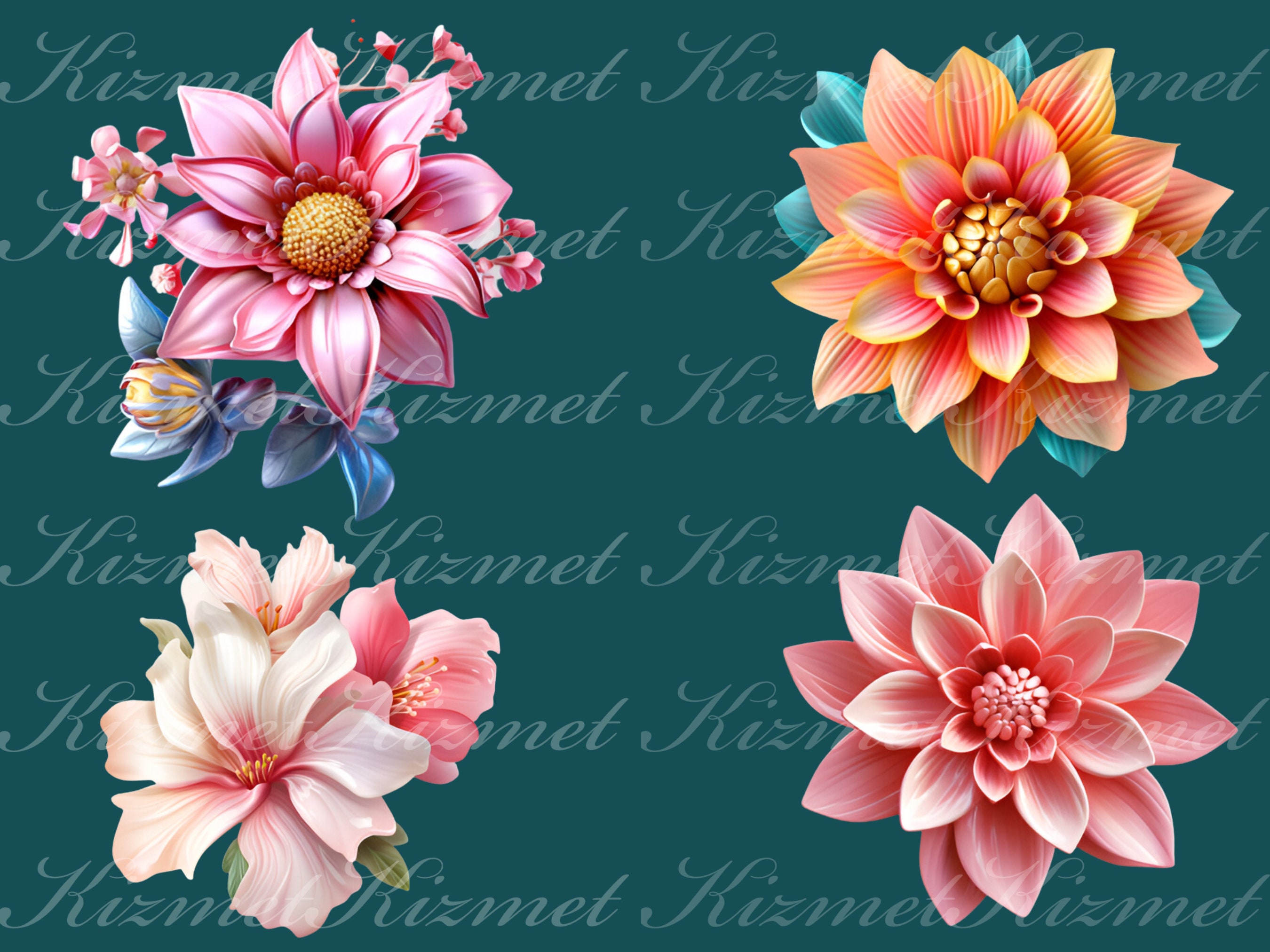 Set of 24- 3D Flowers- Clipart PNG Files, Digital Downloads for Fun 3D Flowers, Digital Wall Art ...