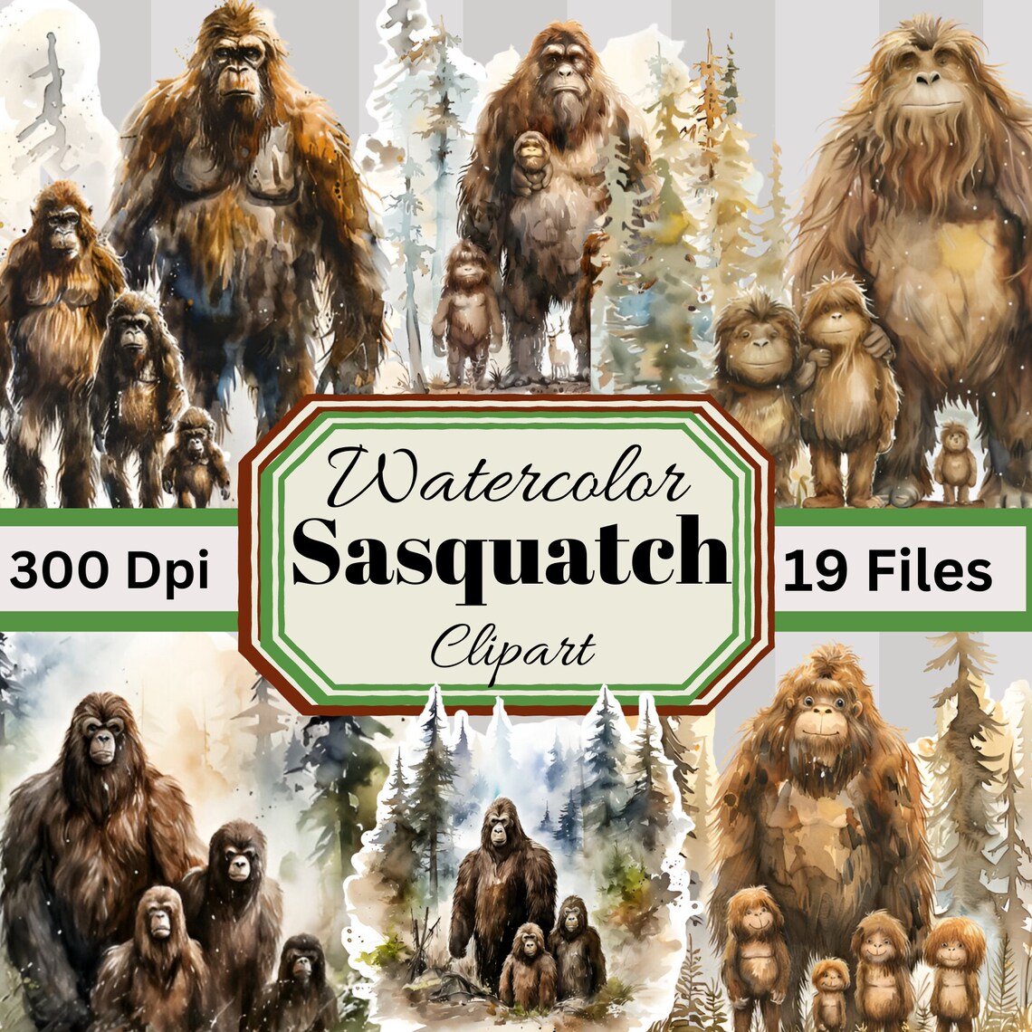 Set of 19 Bigfoot Watercolor Clipart PNG Files, Digital Downloads for ...