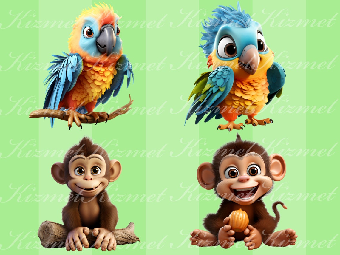 Set of 24 Jungle Animals 3D Clipart PNG Files, Fun Digital Downloads 3D ...