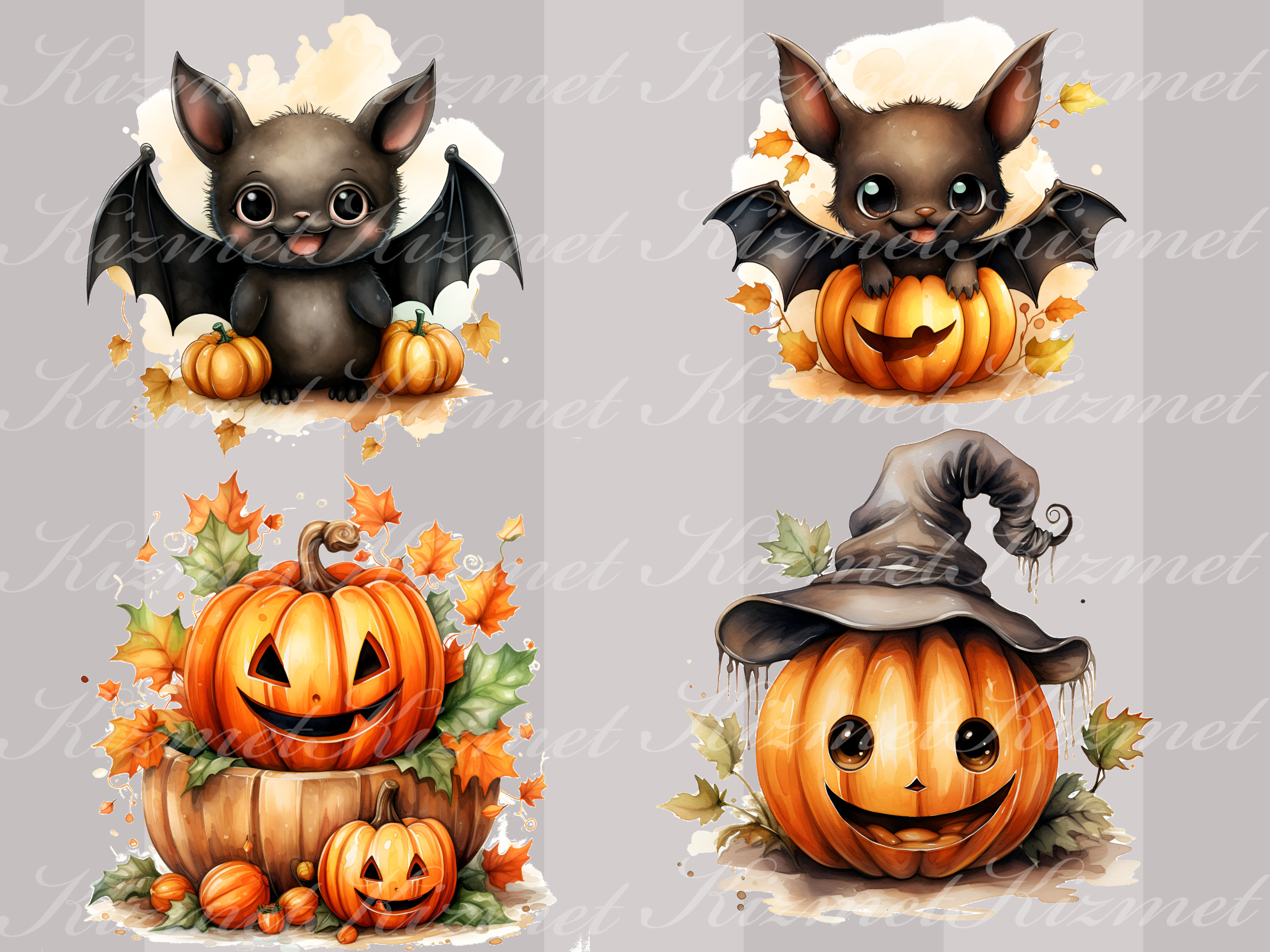 24 Cute Watercolor Halloween Clipart, PNG Instant Download Commercial ...