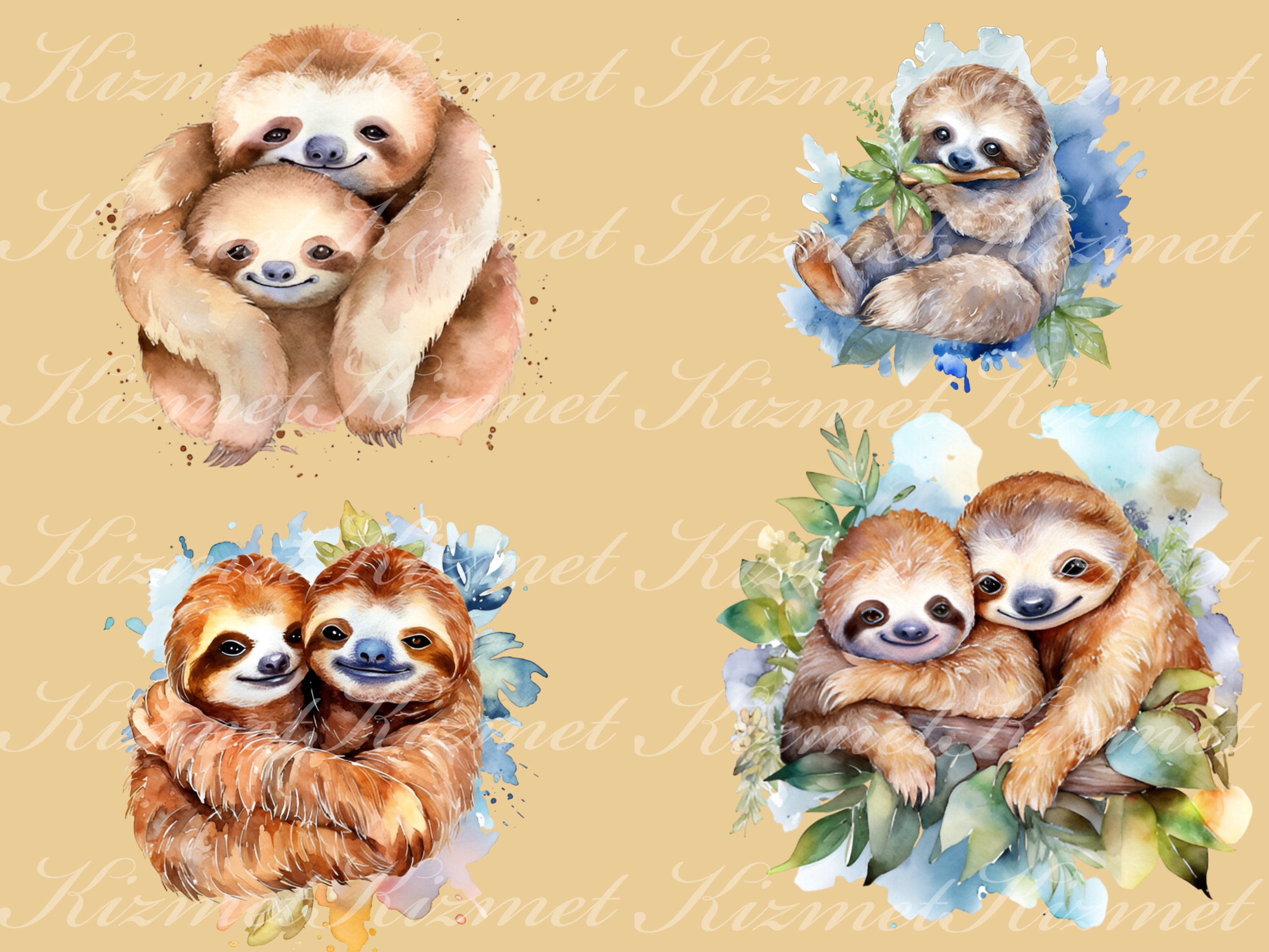 Set of 24 Cute Funny Sloth Watercolor Clipart PNG Files, Digital ...