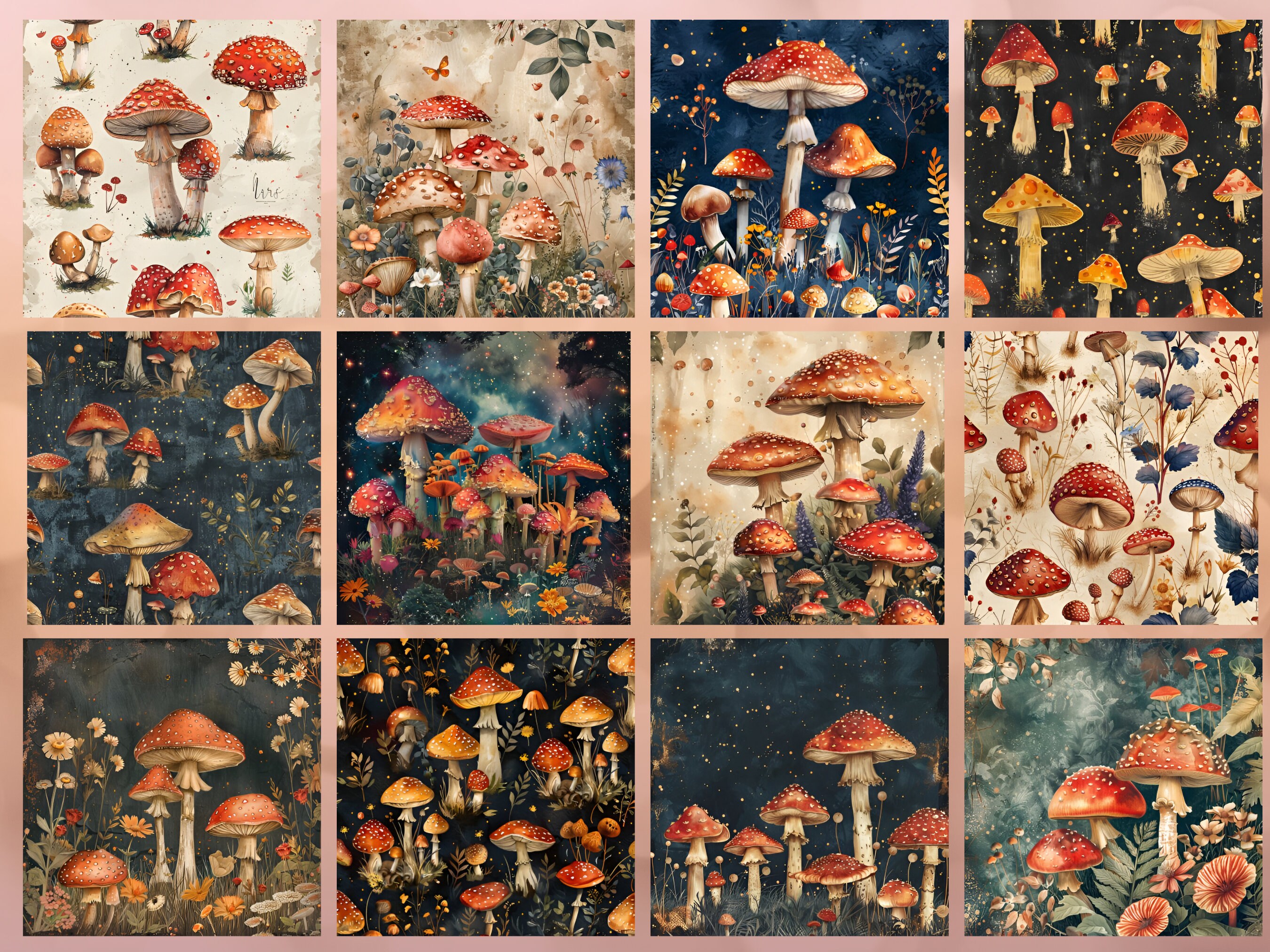 12 Mushroom Themed Digital Papers, Wonderland Enchanted Fantasy ...